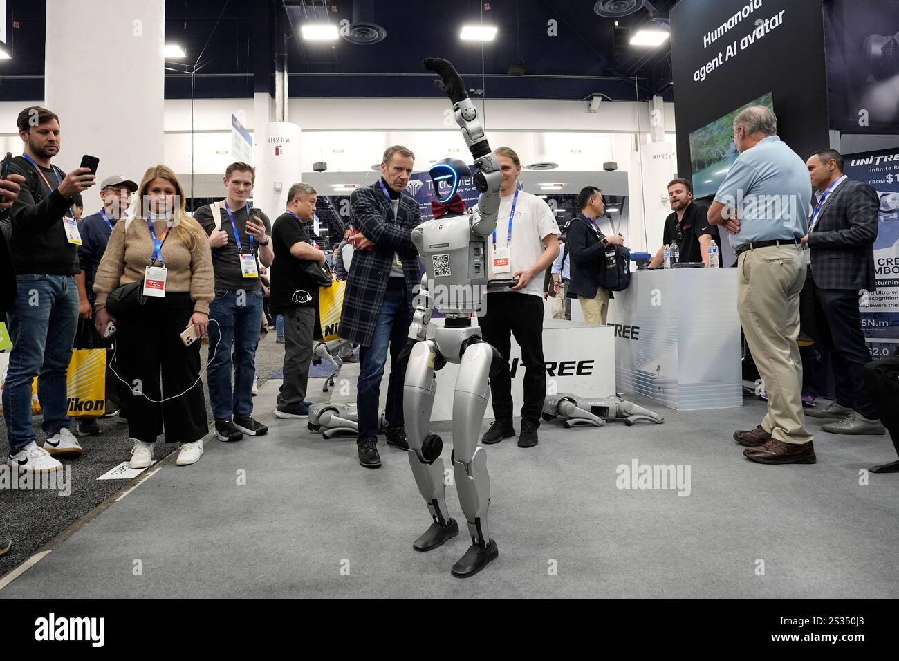 A Unitree H1 robot is displayed at a Unitree booth at the CES tech show ...