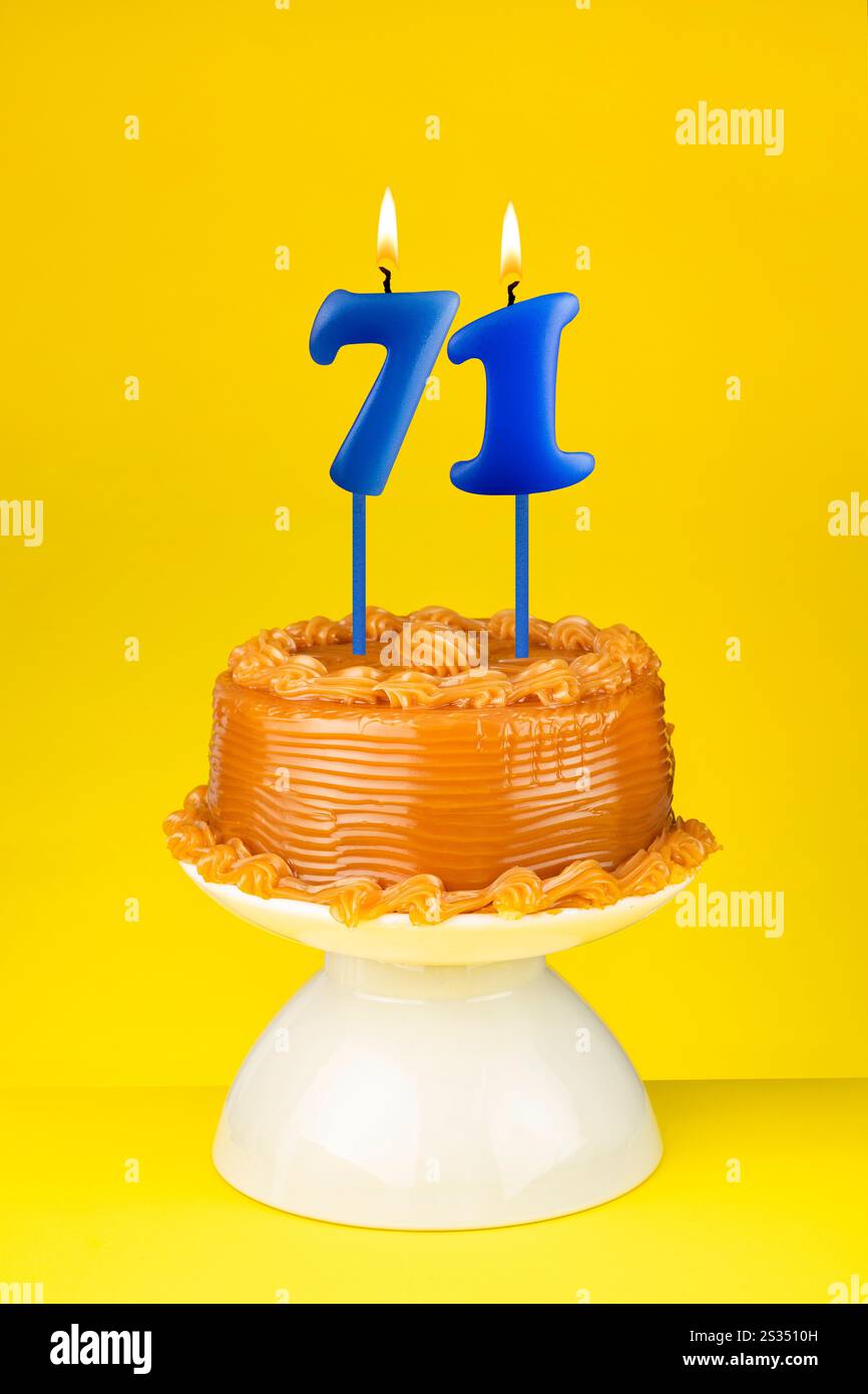 Happy birthday cake with number 71 candle - Card on a yellow background ...