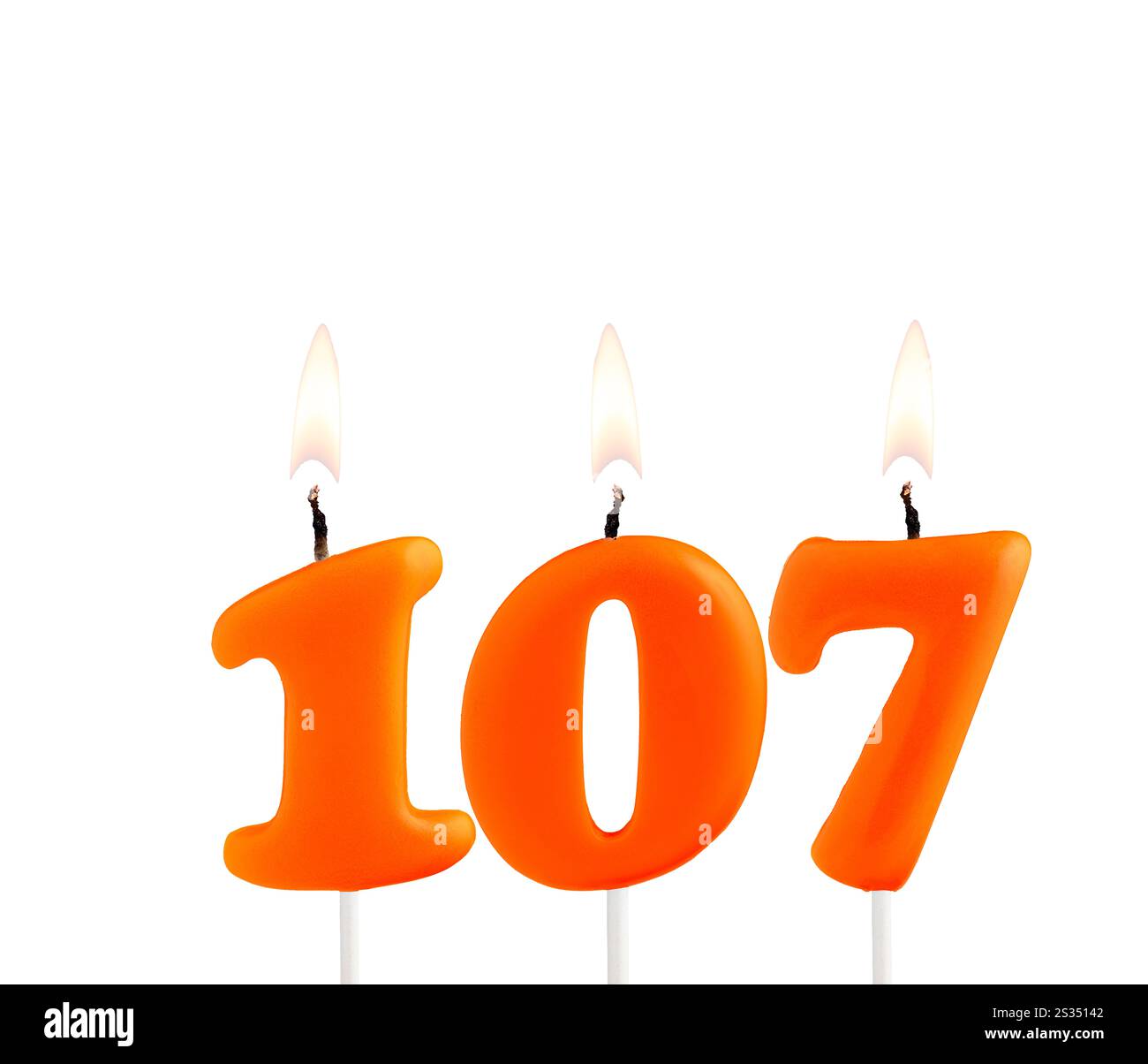 Lit birthday candle - Candle number 107 on white background Stock Photo ...