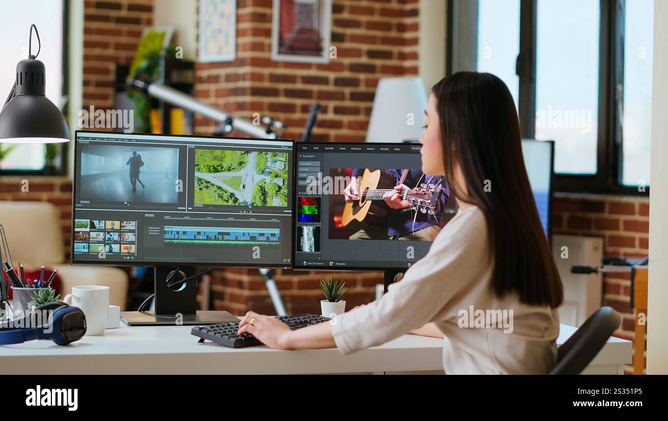 Female filmmaker working on post production from home office, editing ...