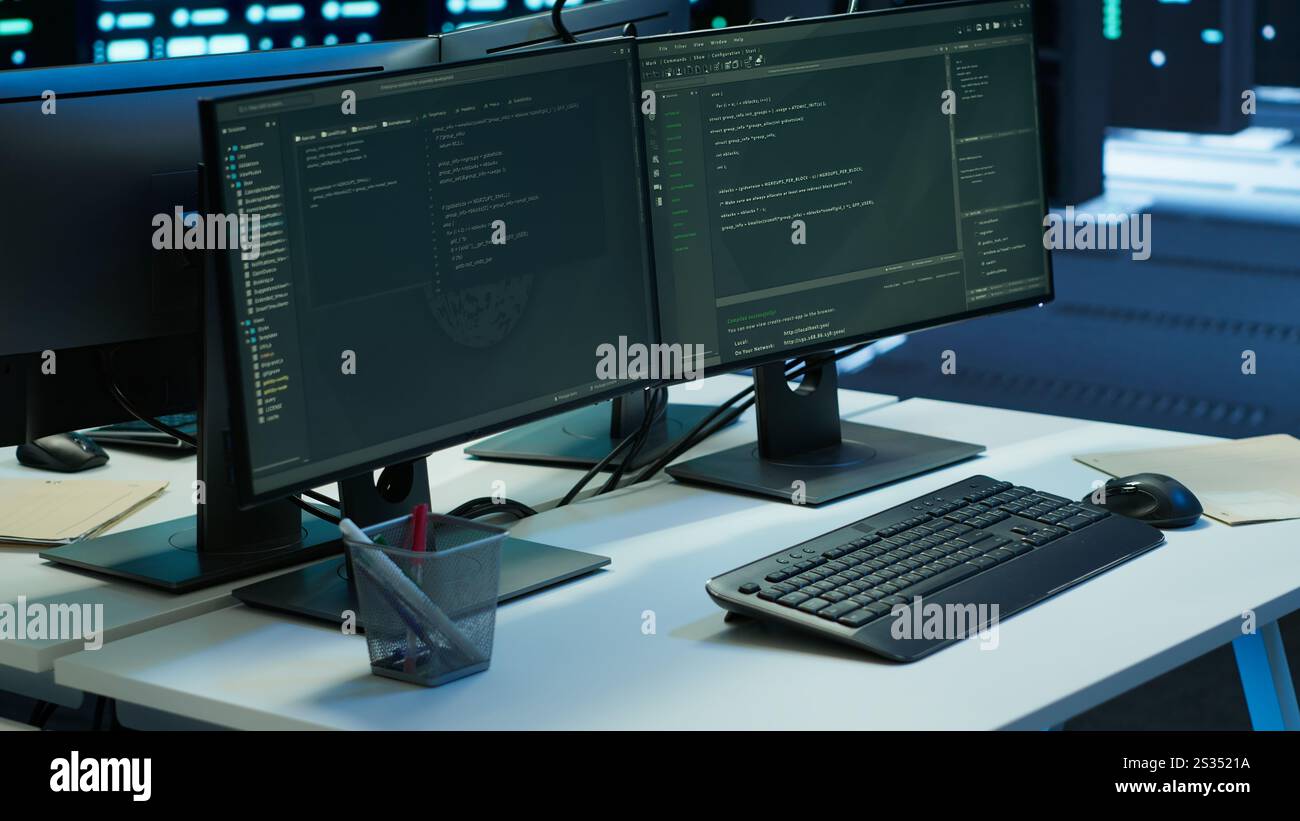 Data center workplace with networking systems installed used for managing infrastructure racks ...