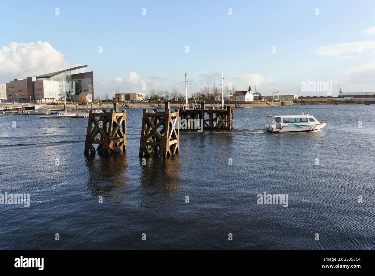 Cardiff Bay waterfront scene Wales UK, Signal platforms wooden pier ...