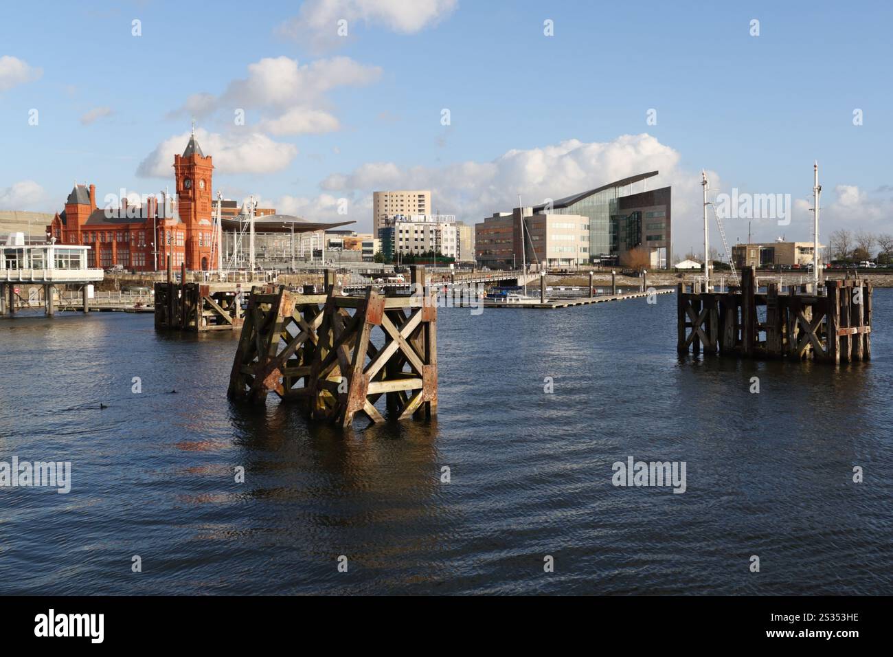 Cardiff Bay waterfront scene Wales UK, Signal platforms wooden pier ...