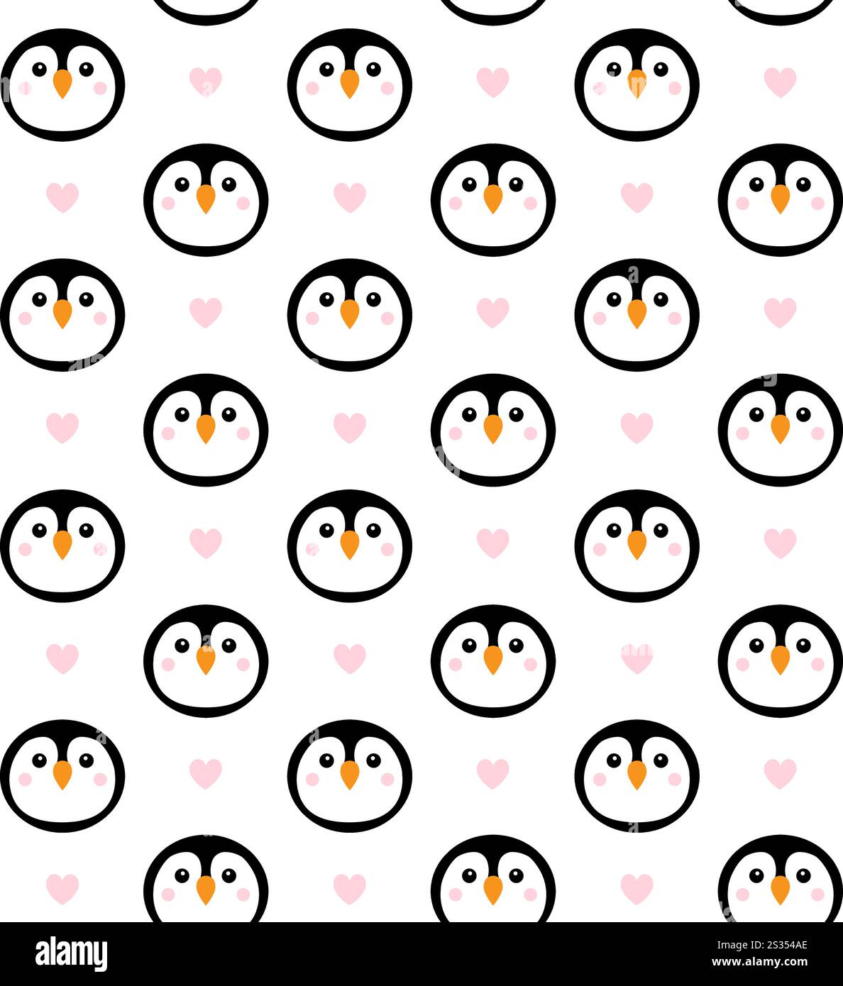 Vector seamless pattern of flat cartoon round penguin face and hearts isolated on white ...