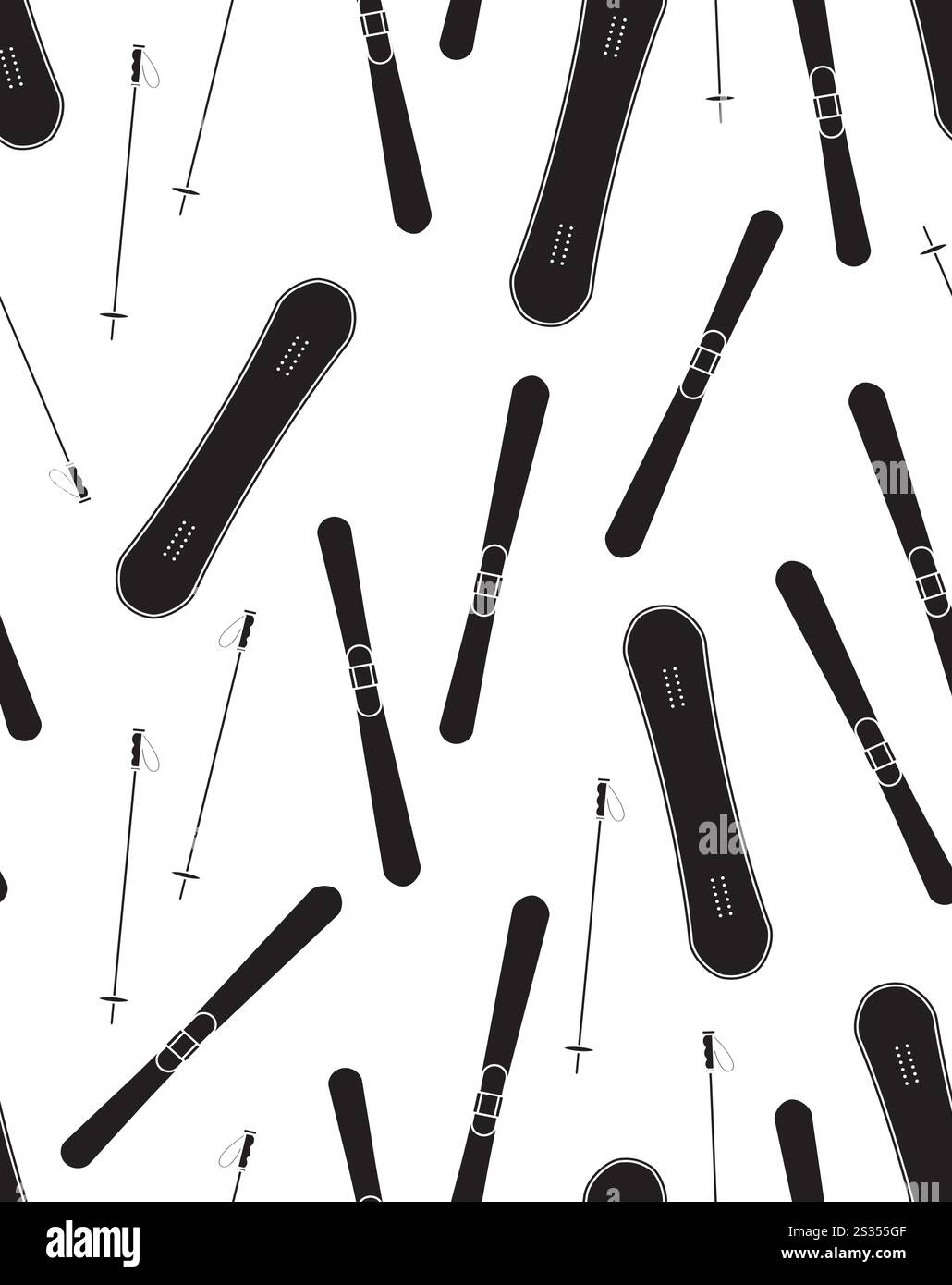 Vector seamless pattern of flat black ski and snowboard isolated on ...