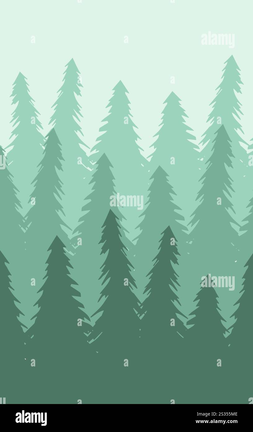 Vector flat spruce tree forest silhouette isolated on mint background ...
