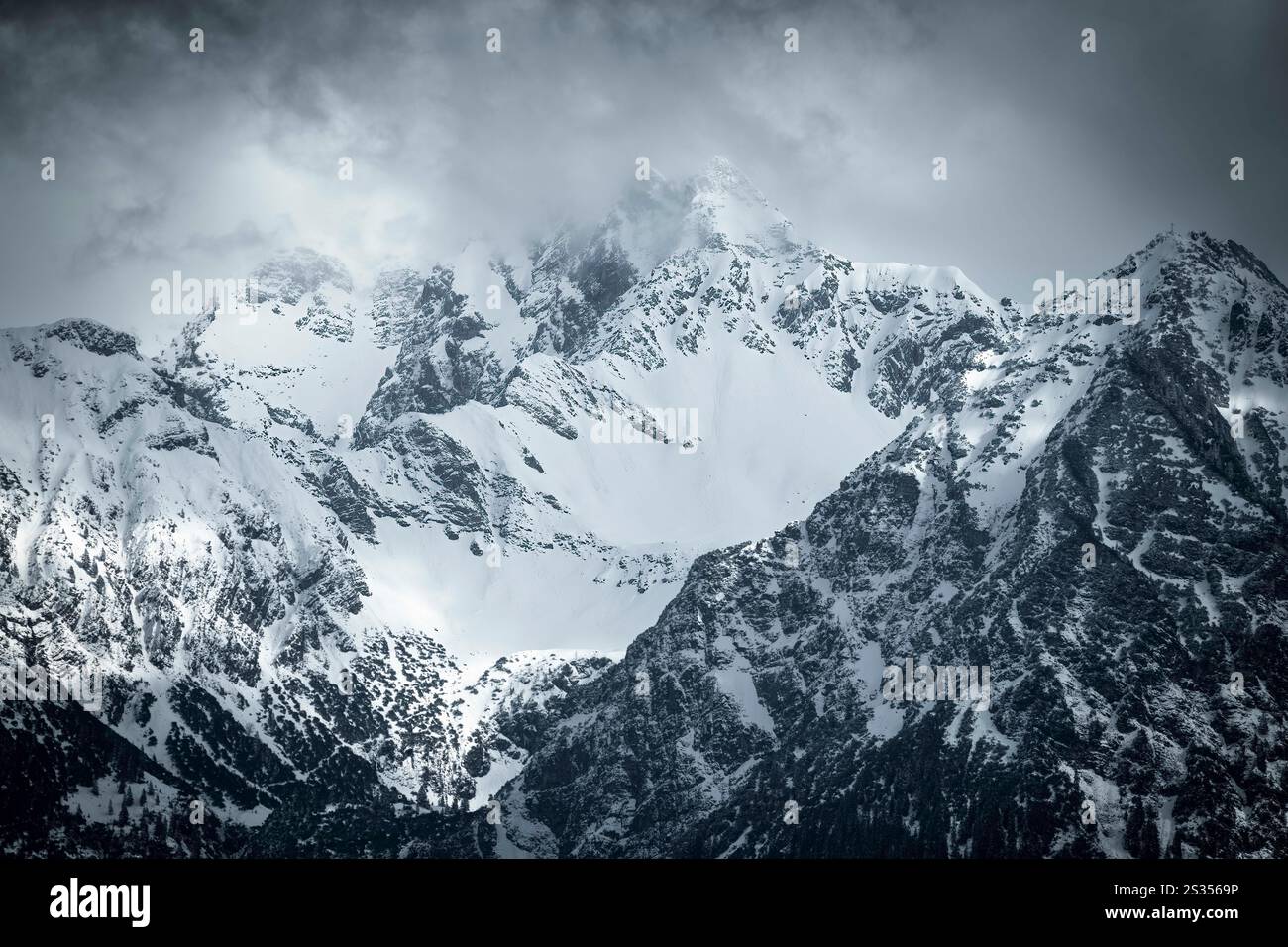 Mountain landscape, massive rock face, stone wall in winter, rock ...