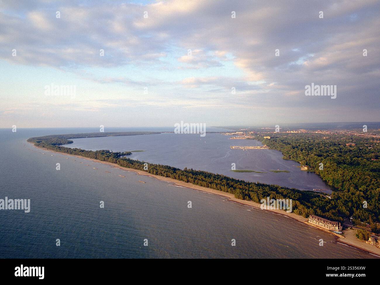 Aerial view of sunset over Presque Isle State Park and Lake Erie ...