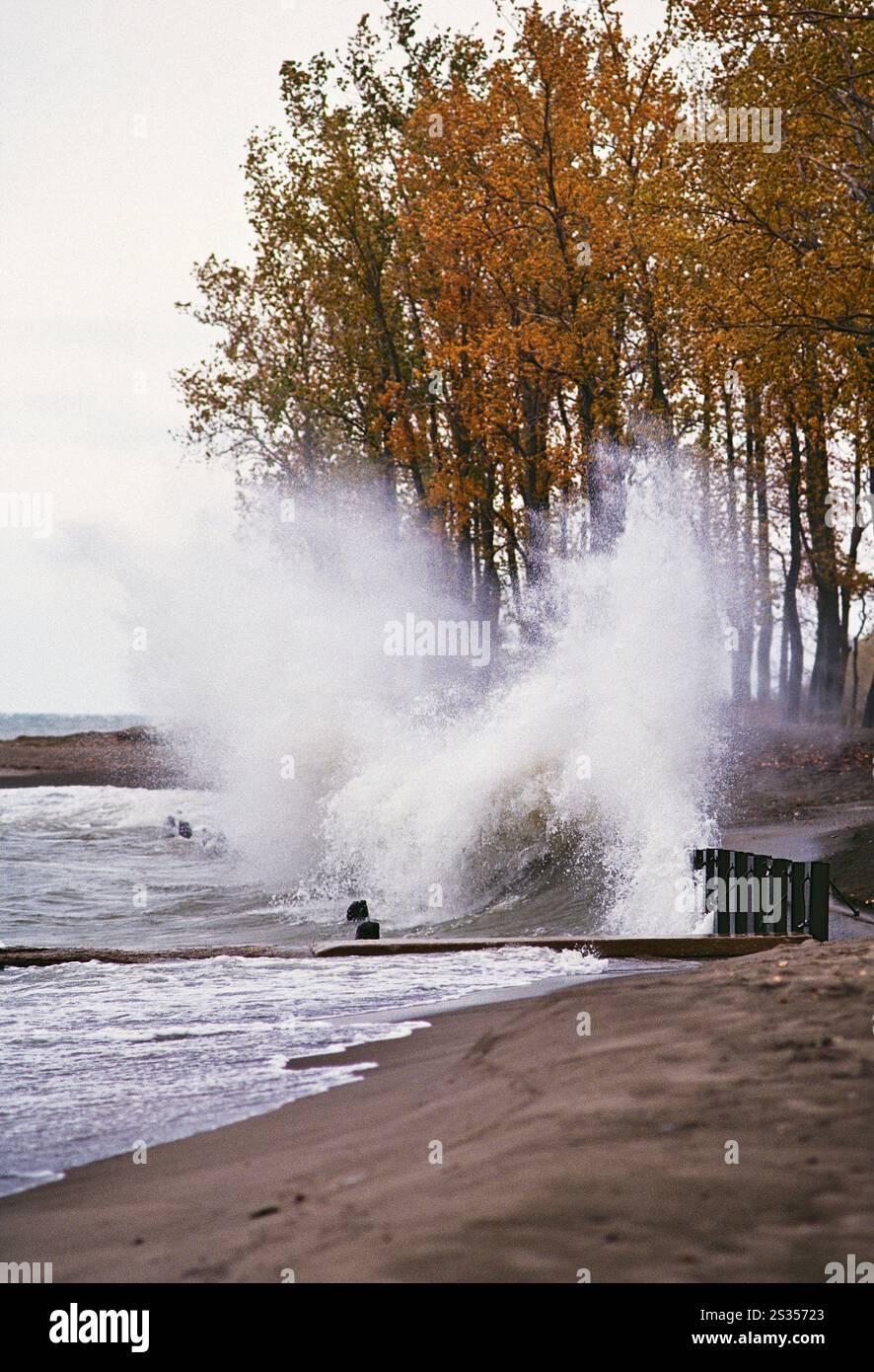 Storm waves crash ashore at Presque Isle State Park; Erie; Pennsylvania ...