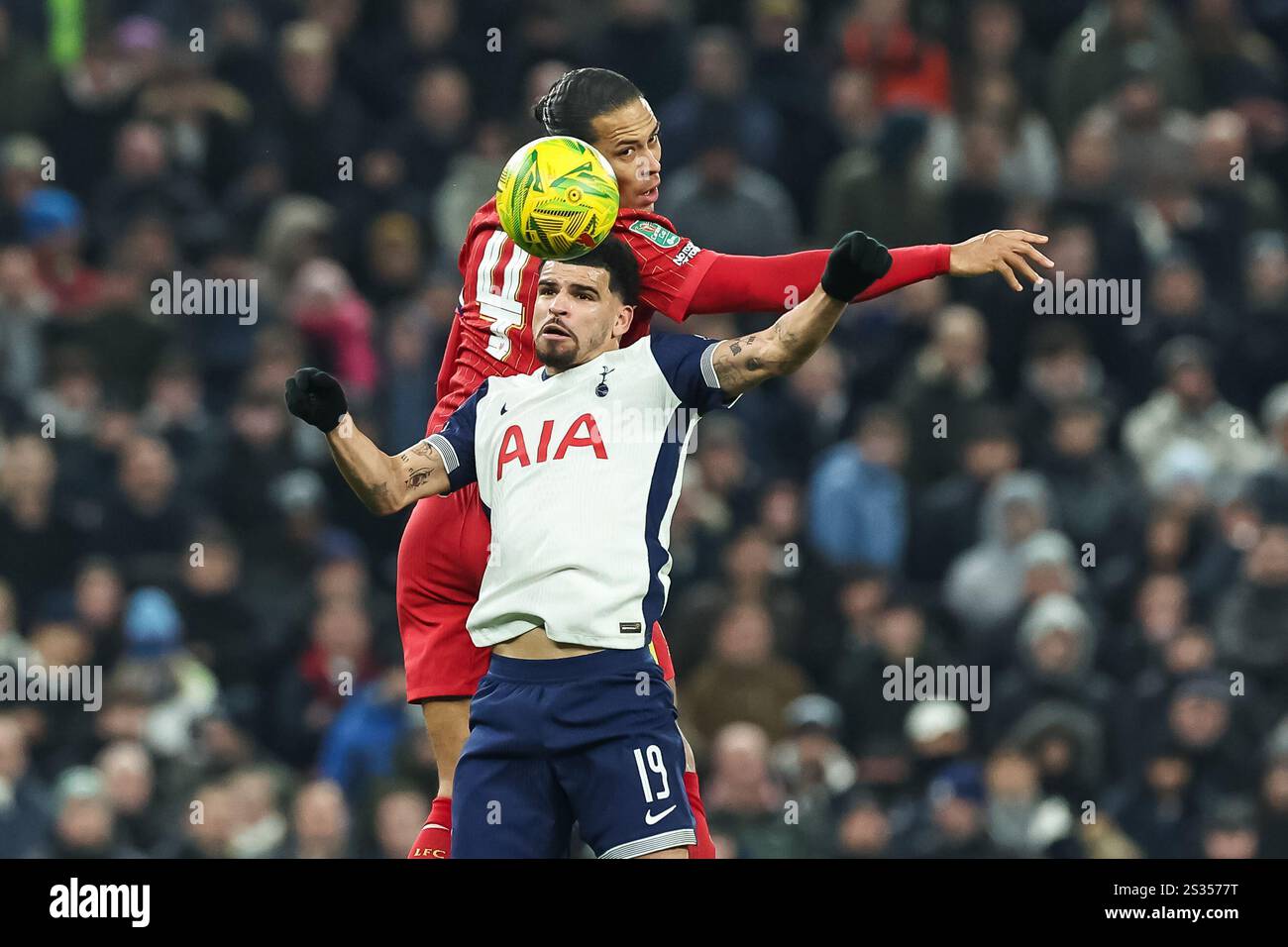 Dominic Solanke of Tottenham Hotspur and Virgil van Dijk of Liverpool ...