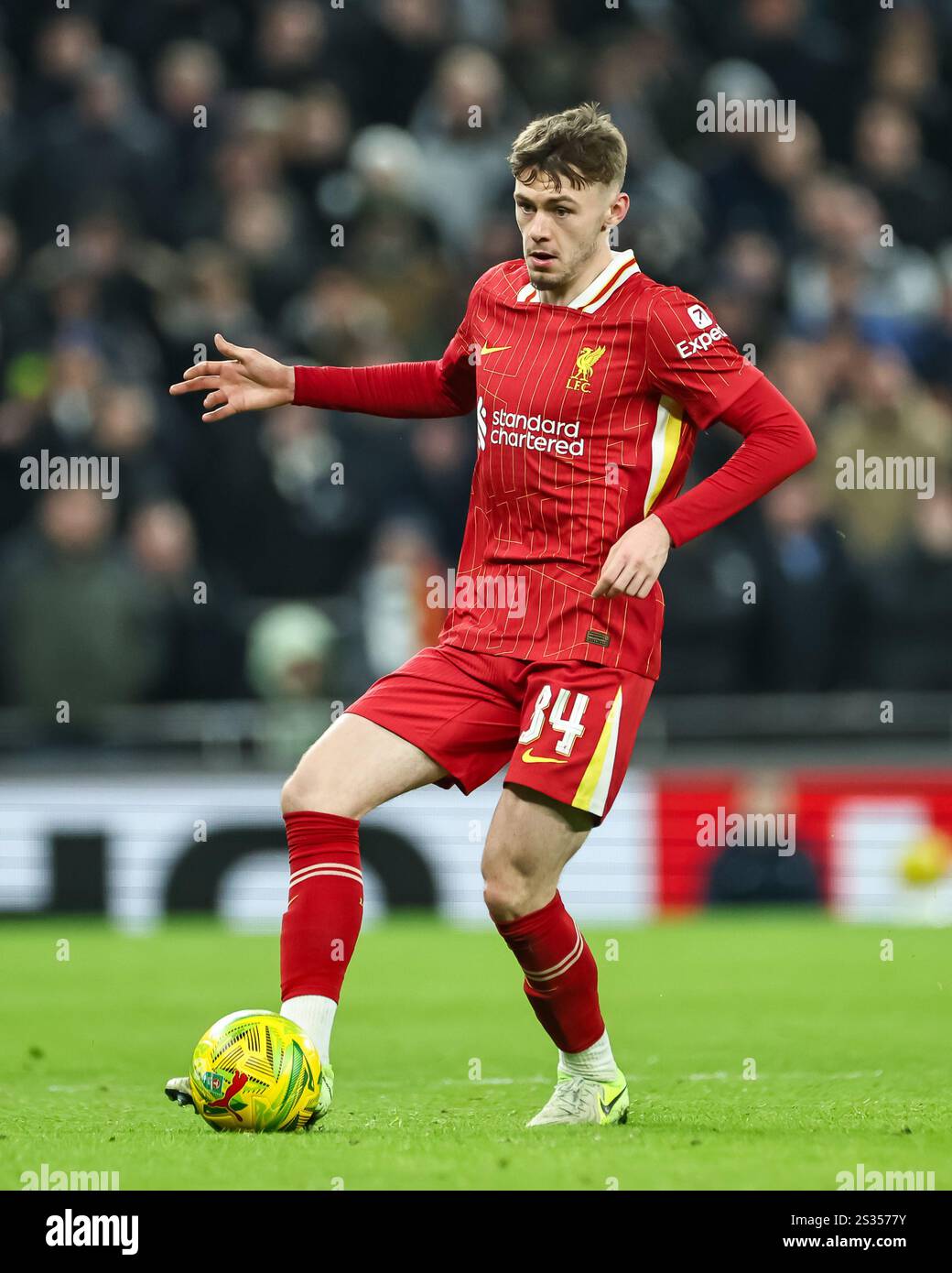 Conor Bradley of Liverpool makes a break with the ball during the ...