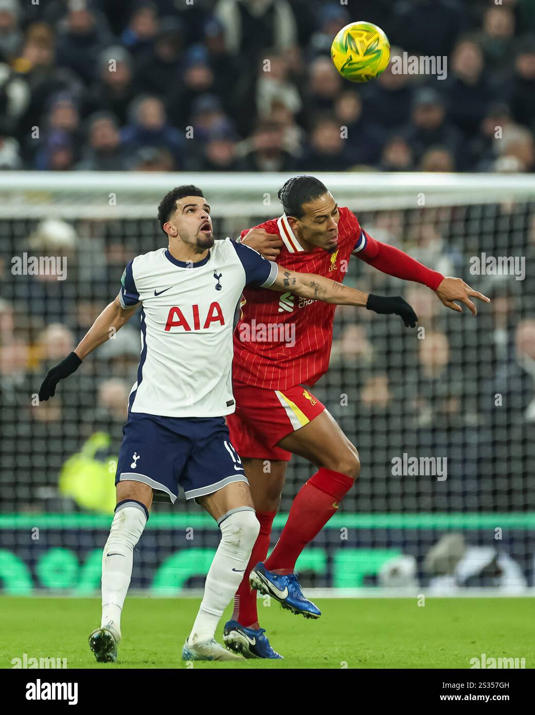 Virgil van Dijk of Liverpool and Dominic Solanke of Tottenham Hotspur ...