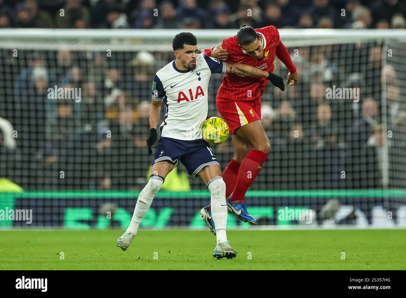 Virgil van Dijk of Liverpool and Dominic Solanke of Tottenham Hotspur ...