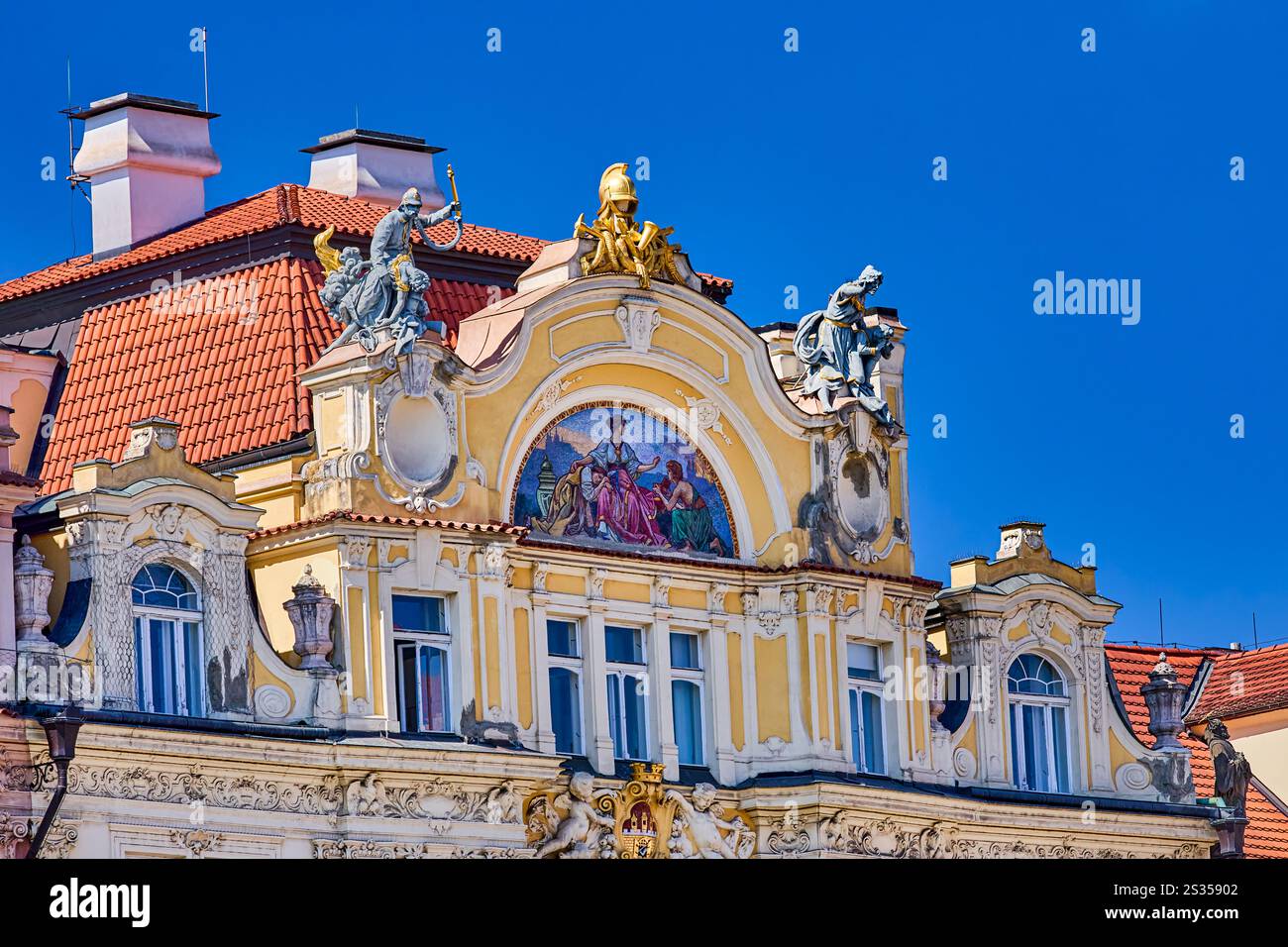 Architecture building facade with many different designs and spires in ...