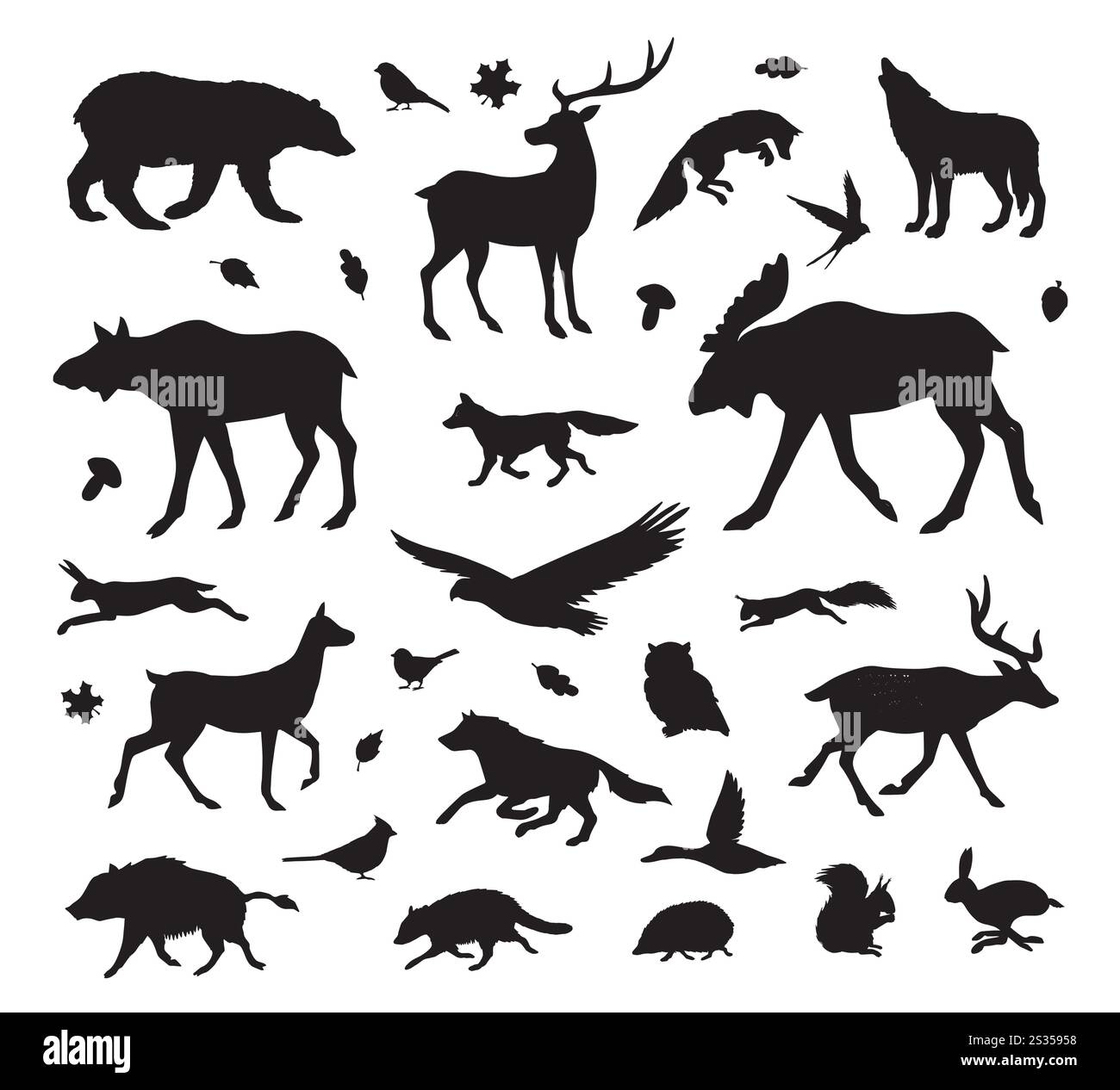 Vector set bundle of hand drawn wild forest animals silhouette isolated ...