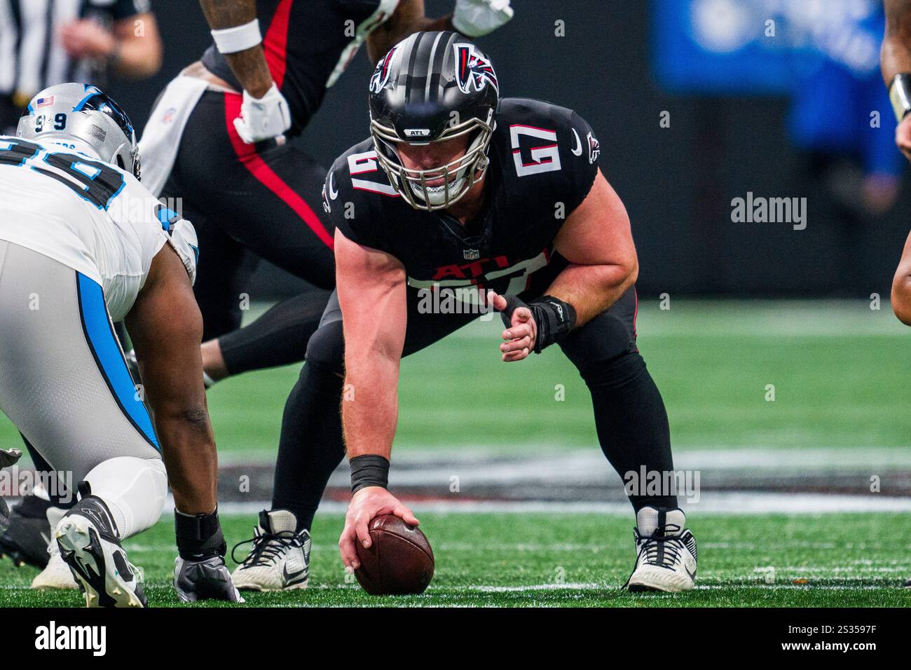 Atlanta Falcons center Drew Dalman (67) lines up during the first half ...