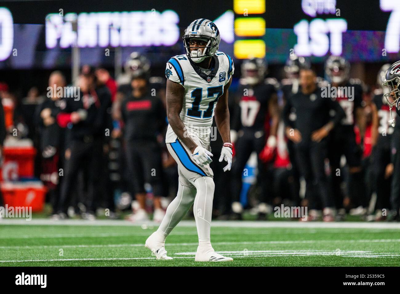 Carolina Panthers wide receiver Xavier Legette (17) lines up during the ...