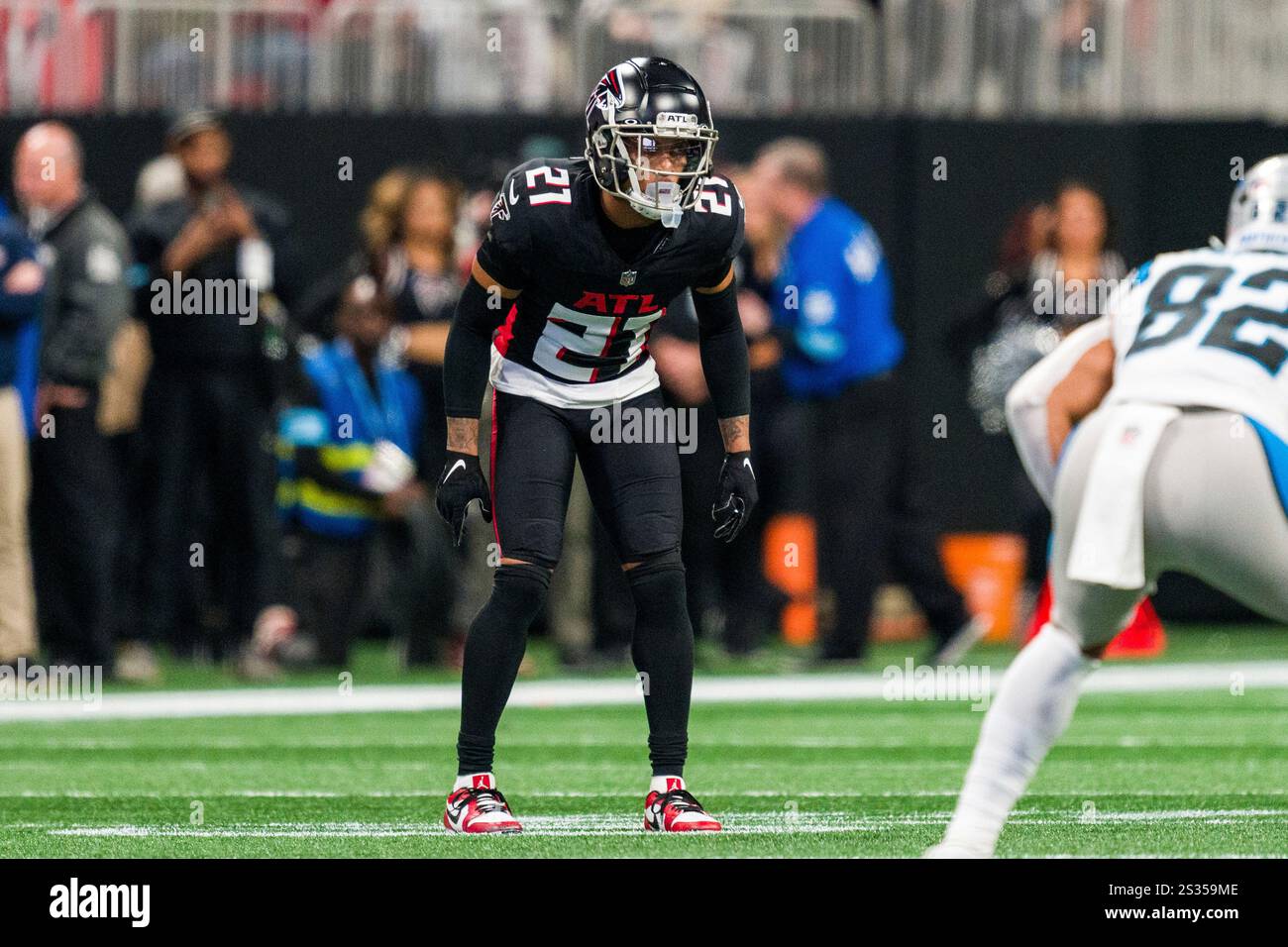 Atlanta Falcons cornerback Mike Hughes (21) lines up during the first ...
