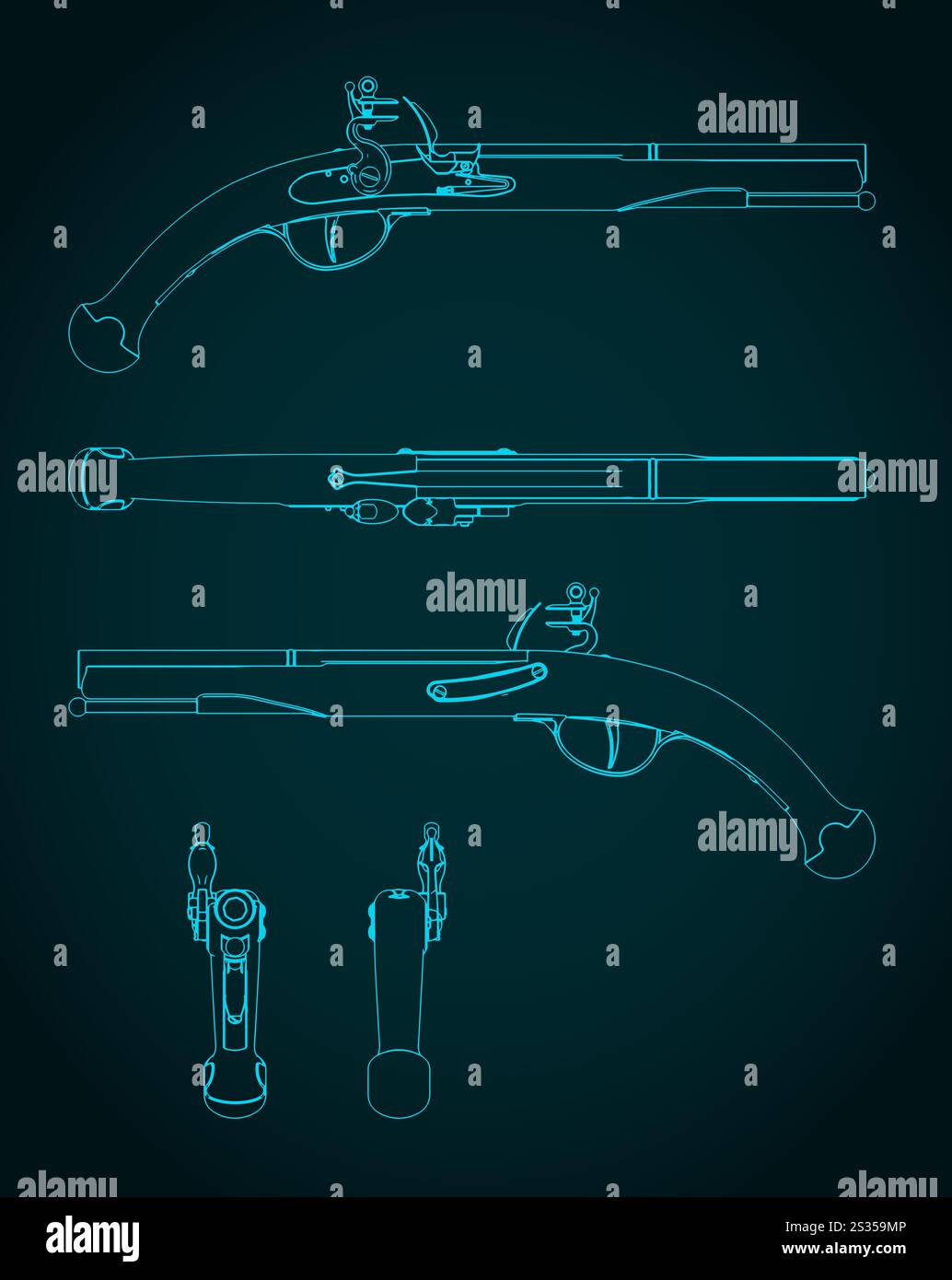 Stylized vector illustration of an antique pistol blueprints Stock ...