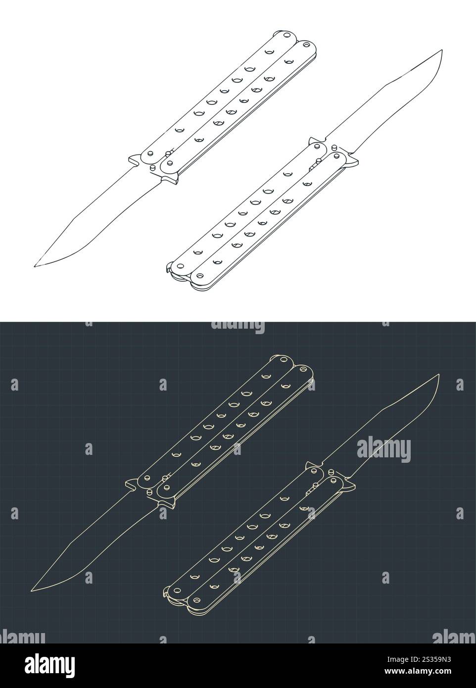 Stylized vector illustrations of butterfly knife isometric blueprints ...