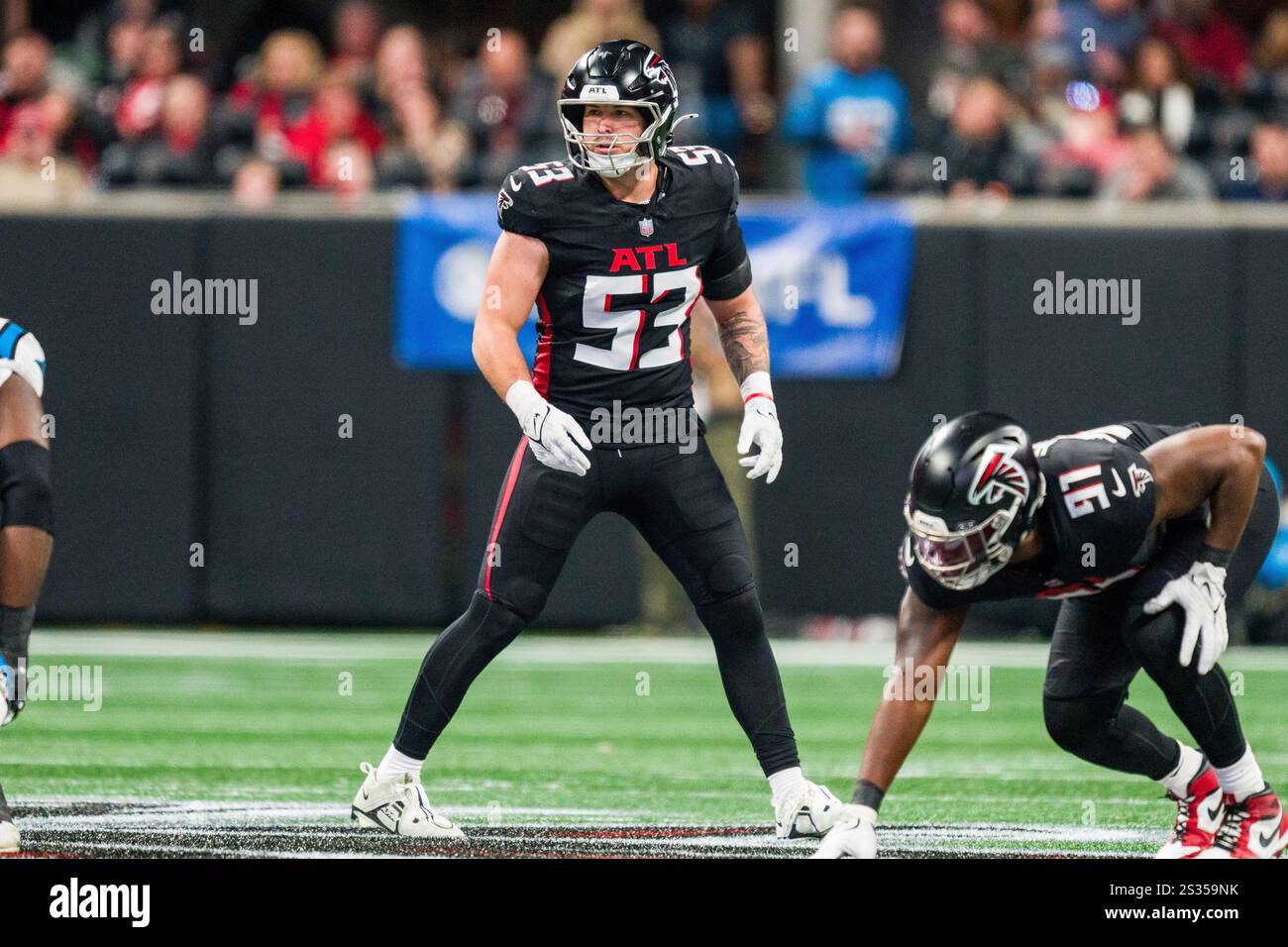 Atlanta Falcons linebacker Nate Landman (53) lines up during the first ...