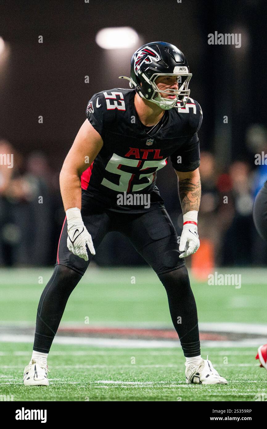 Atlanta Falcons linebacker Nate Landman (53) lines up during the first ...
