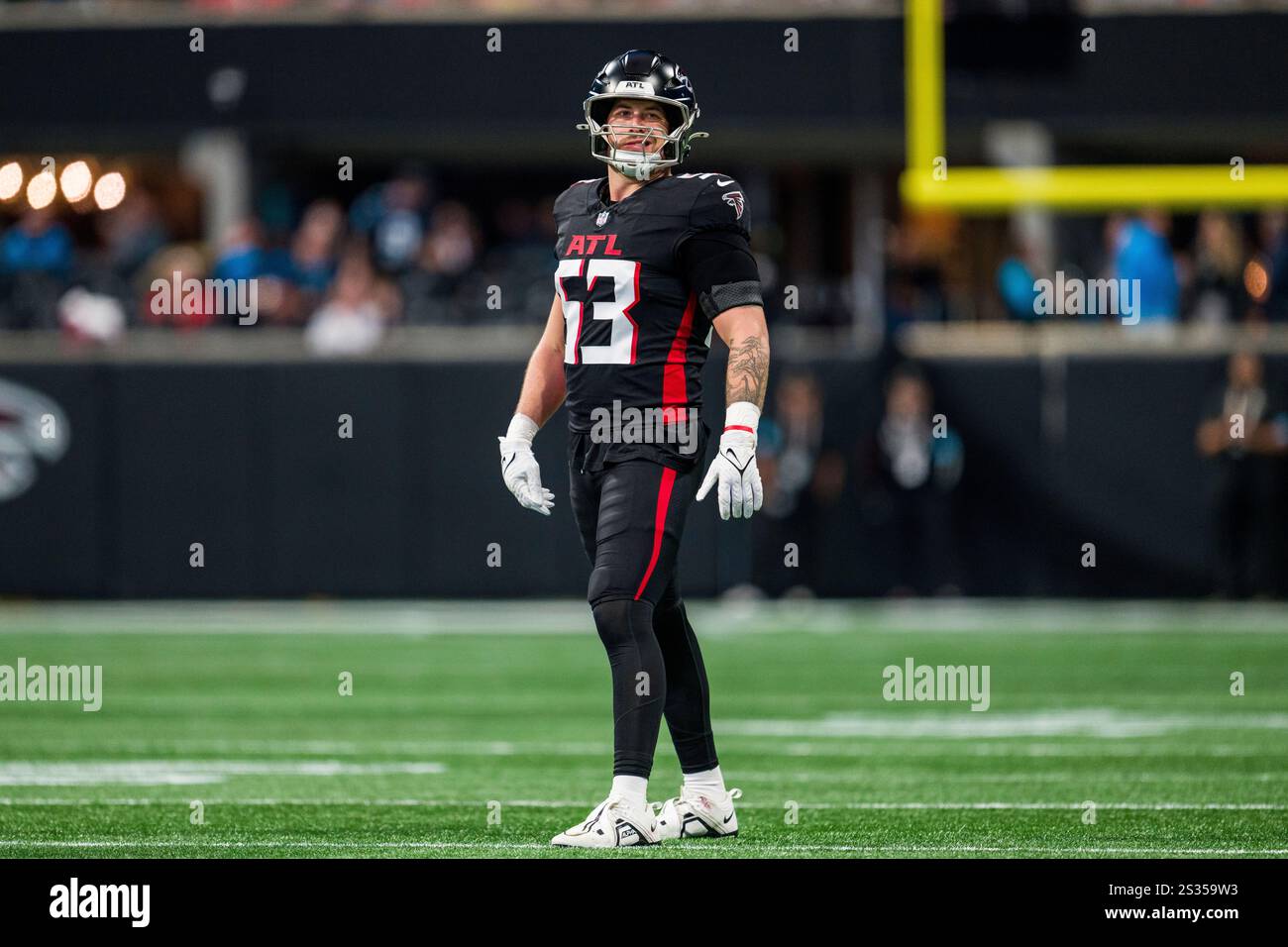 Atlanta Falcons linebacker Nate Landman (53) works during the first ...