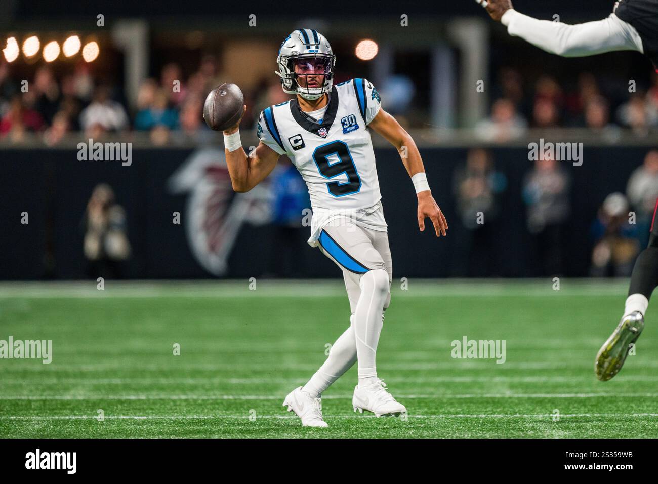 Carolina Panthers quarterback Bryce Young (9) works during the first ...