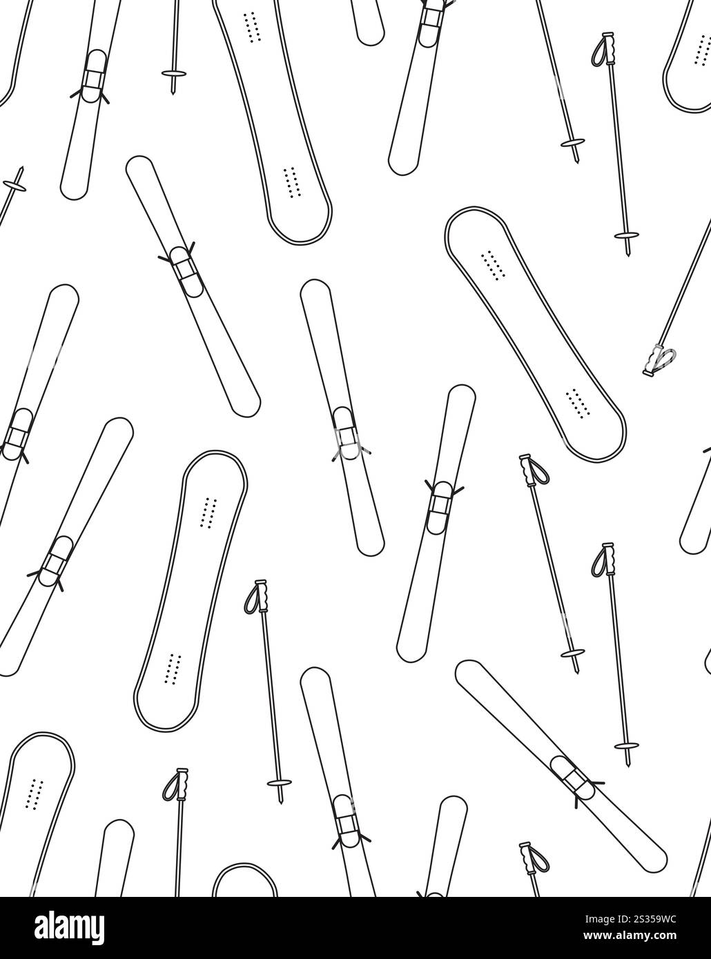 Vector seamless pattern of flat ski and snowboard isolated on white ...