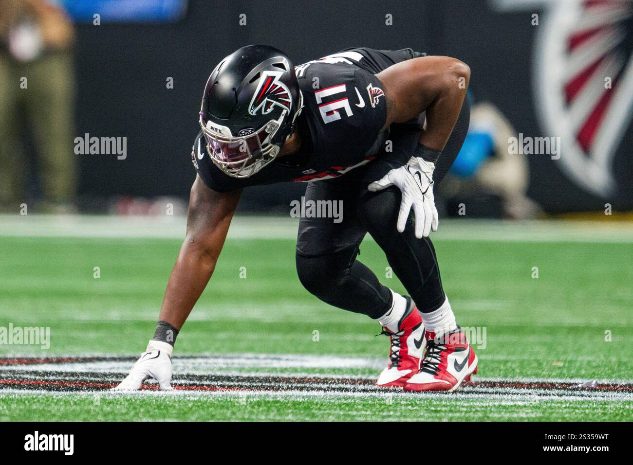 Atlanta Falcons defensive end Demone Harris (91) lines up during the ...