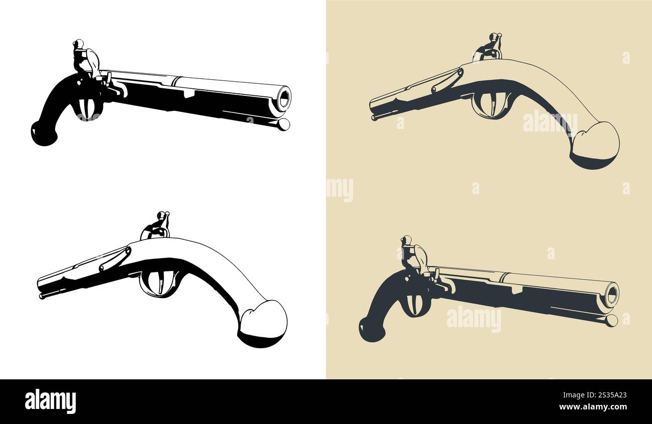 Stylized vector illustrations of an antique pistol Stock Vector Image ...