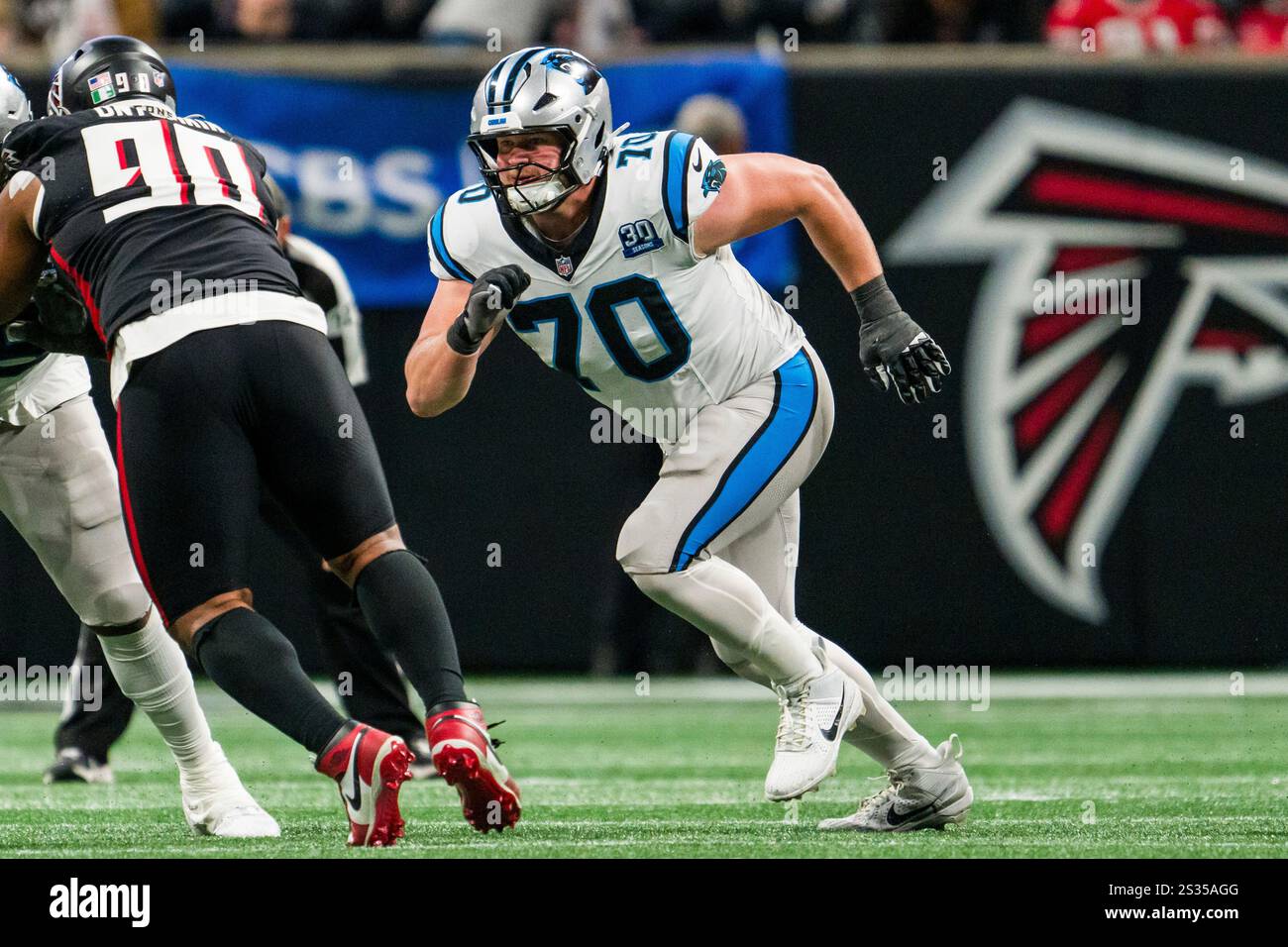 Carolina Panthers guard Brady Christensen (70) works during overtime of ...