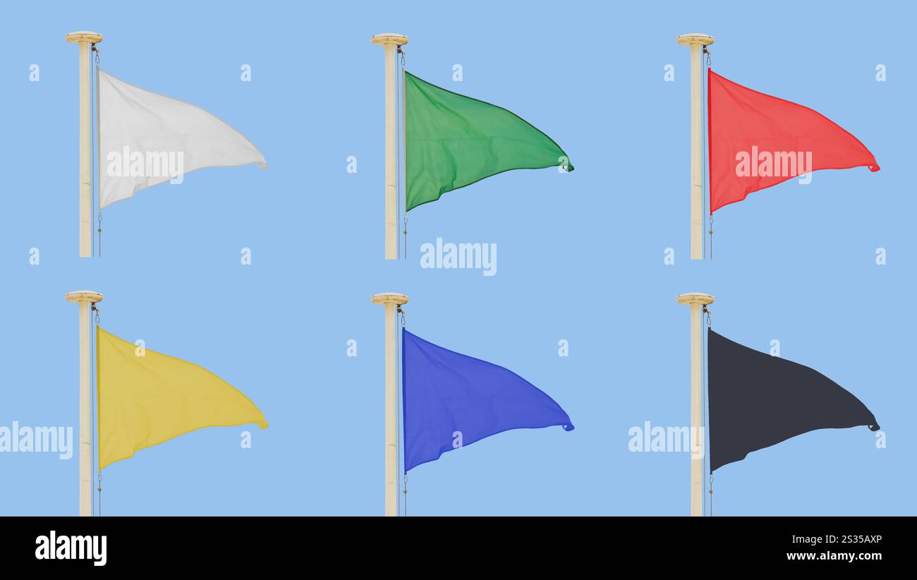 Six individual pennants of various colors blowing in the wind from flag ...