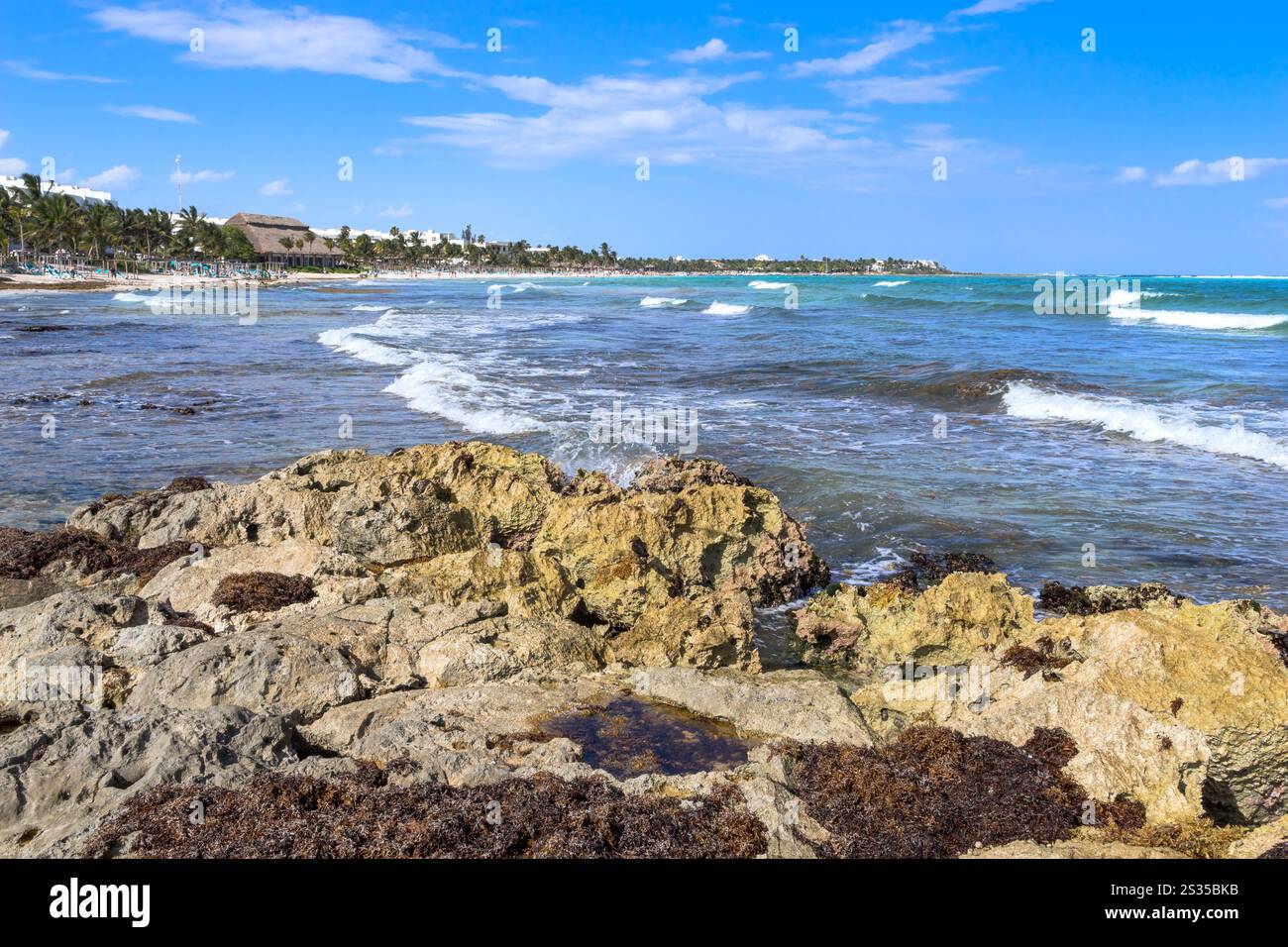 Perspective view to Akumal bay and beaches, Quintana Roo, Mexico. Rock ...