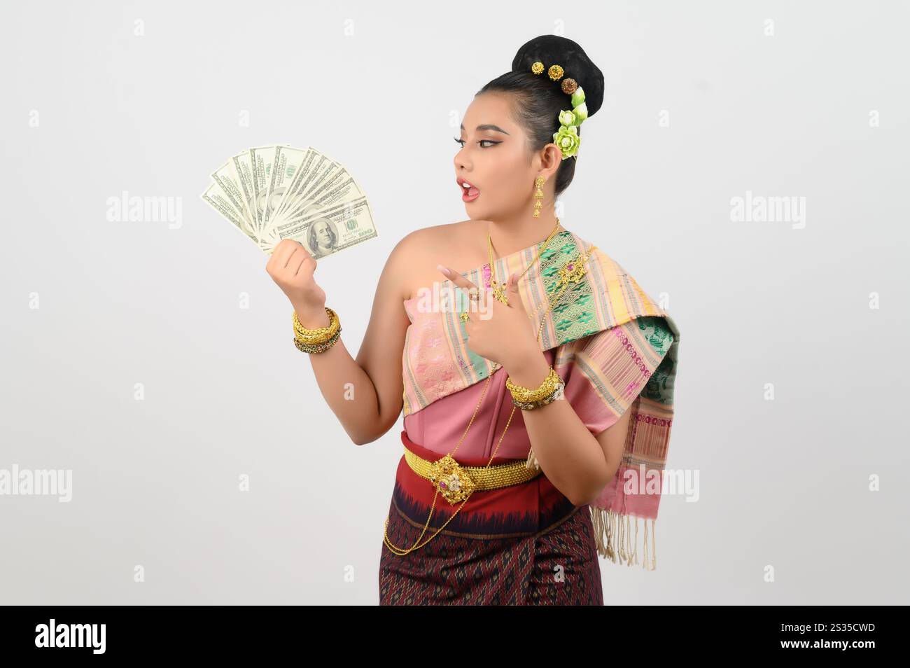 Portrait asian pretty woman point finger posing with smiling in Thai ...
