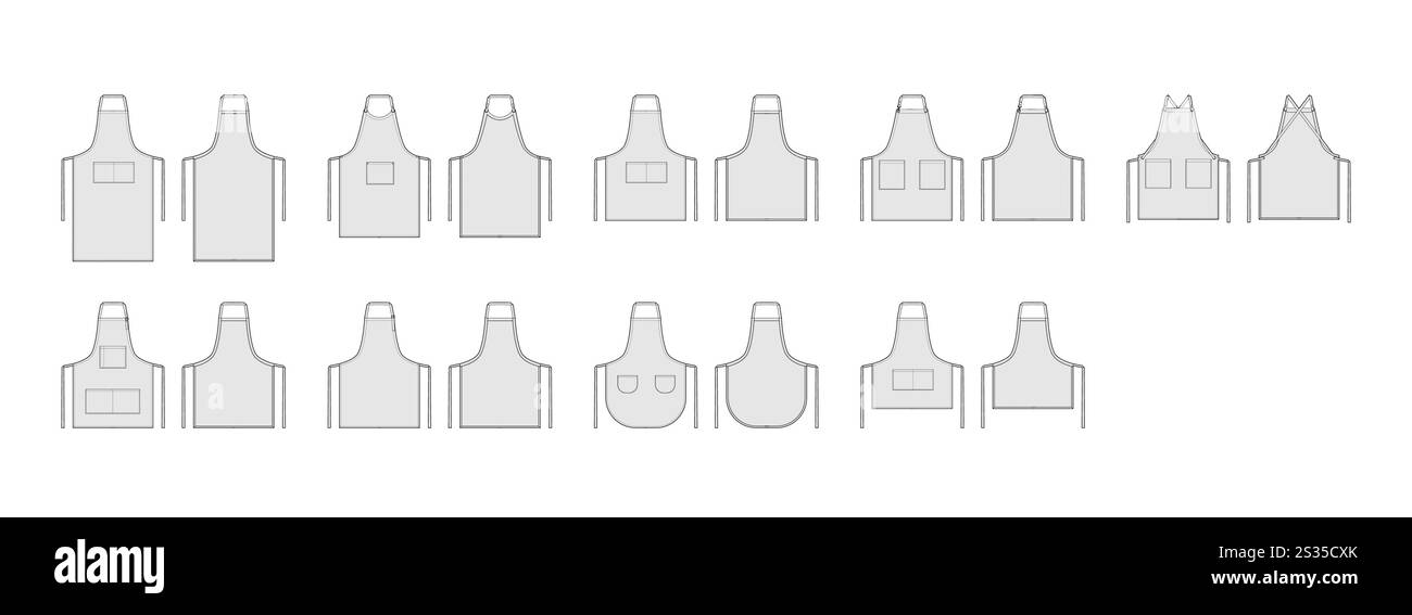 Set of Aprons technical fashion illustration. Chef uniform for cooking ...