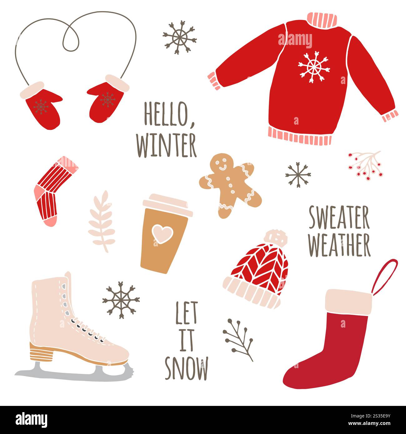 Vector set bundle of different hand drawn doodle sketch winter elements ...