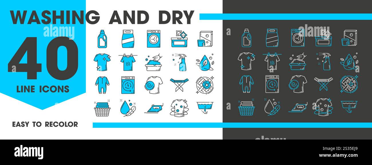 Washing and dry cleaning icons for laundry service, vector line ...