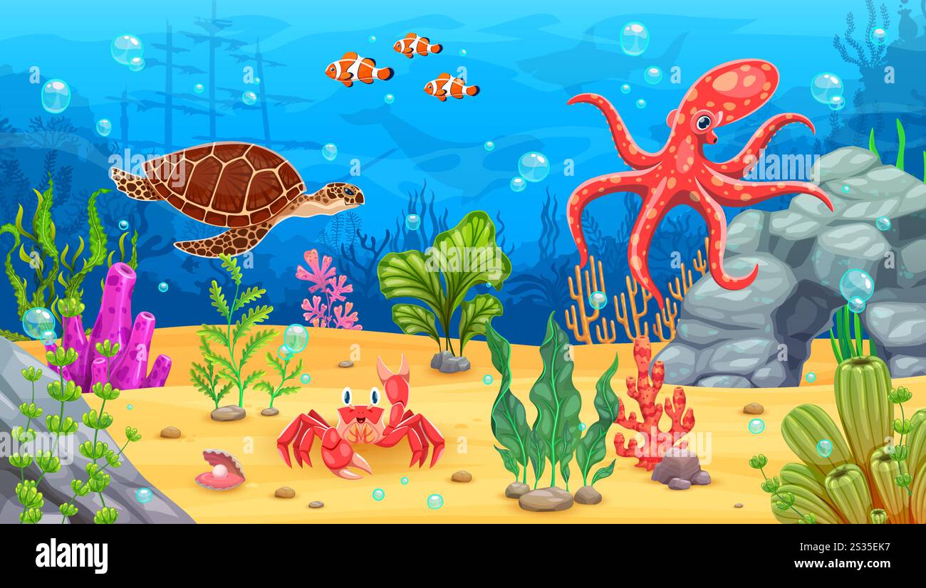 Sunken ship and sea animals on underwater game landscape, cartoon ...