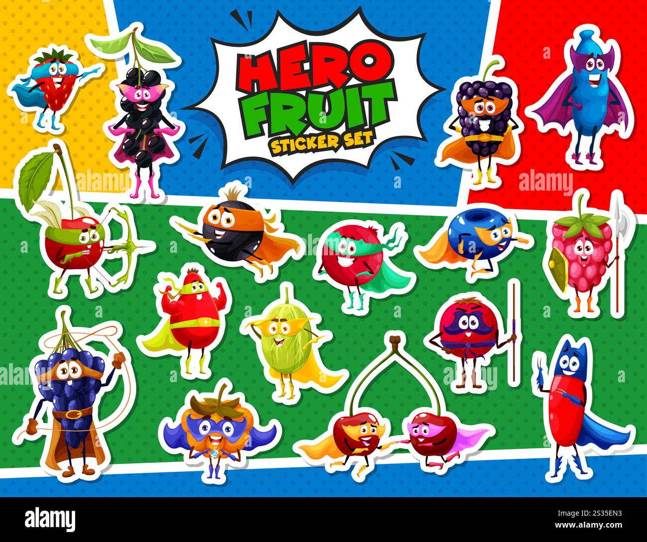 Superhero fruit stickers pack, cartoon funny berry characters in cute ...