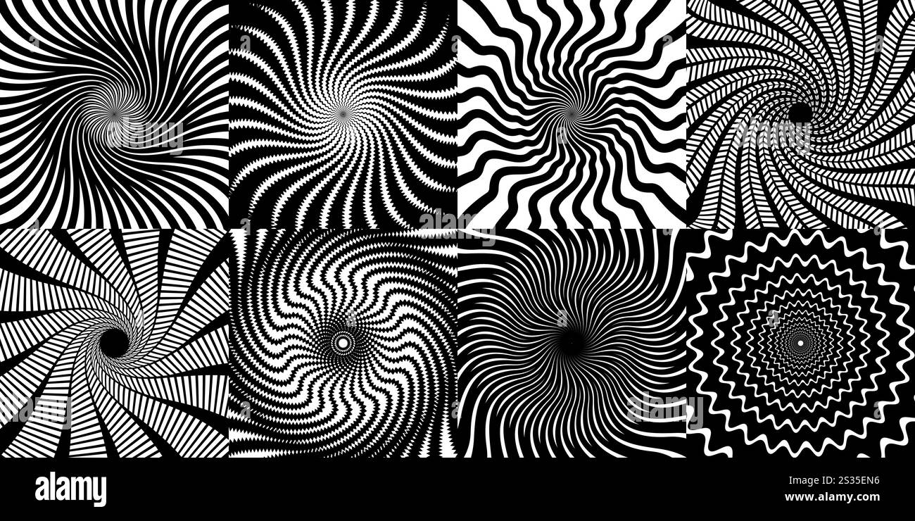 Psychedelic hypnosis swirl, hypnotic spiral patterns. Monochrome vector set of optical illusions ...