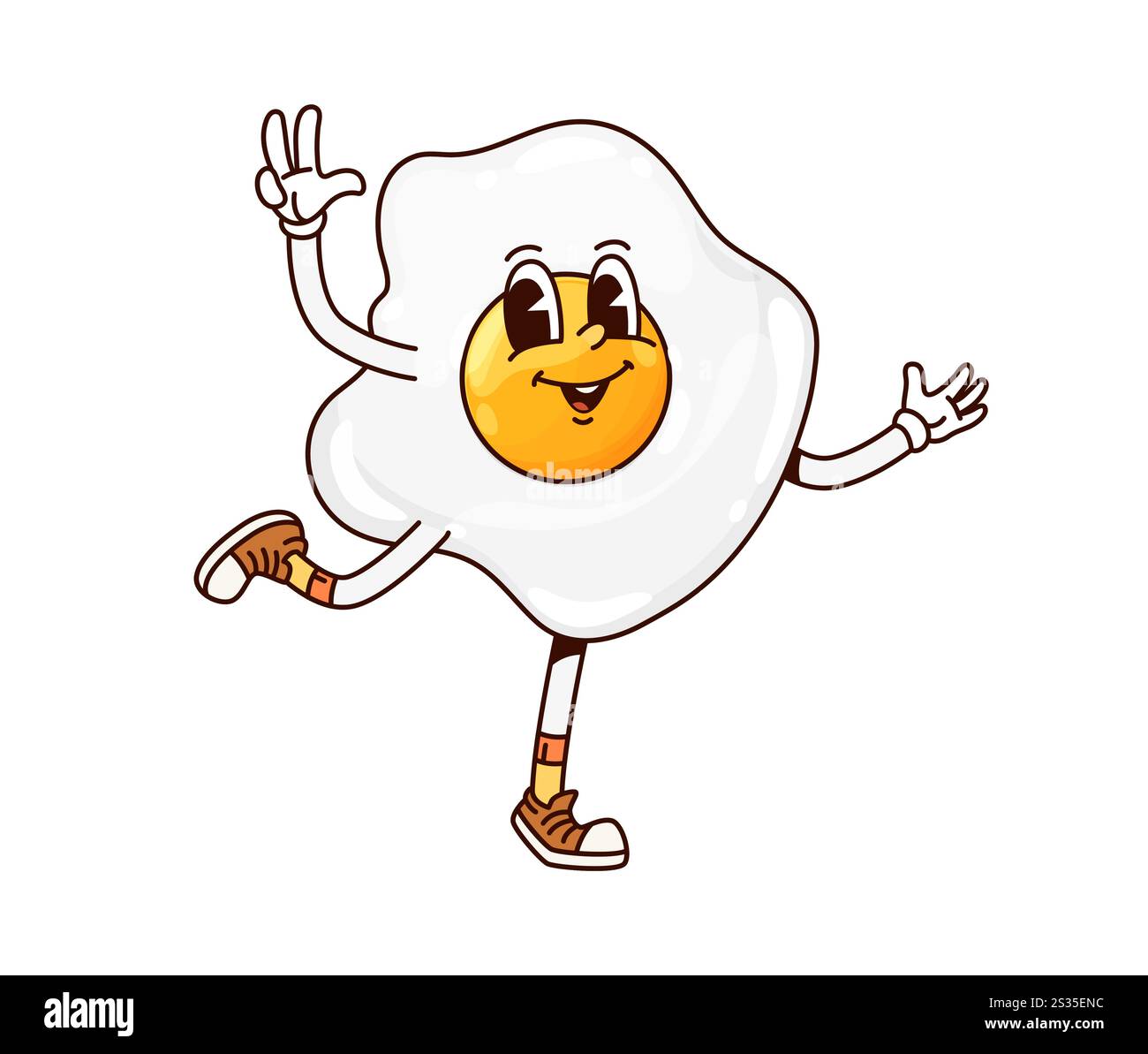 Groovy breakfast fried egg character. Isolated cartoon vector retro ...