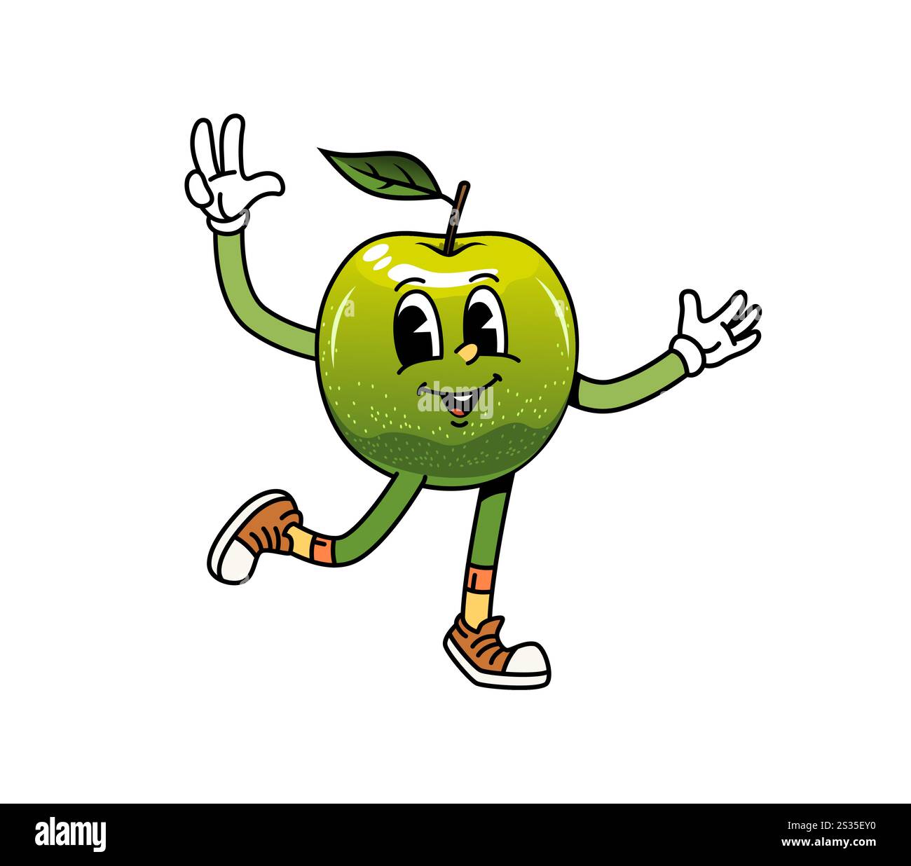 Cartoon groovy apple fruit character with happy face and fingers peace ...