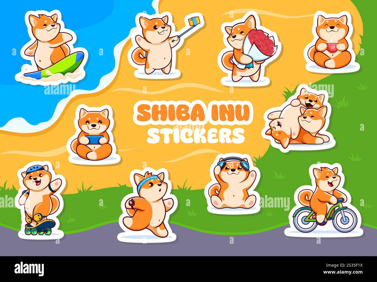 Kawaii shiba inu dog and puppy characters sticker. Cute animal pet ...