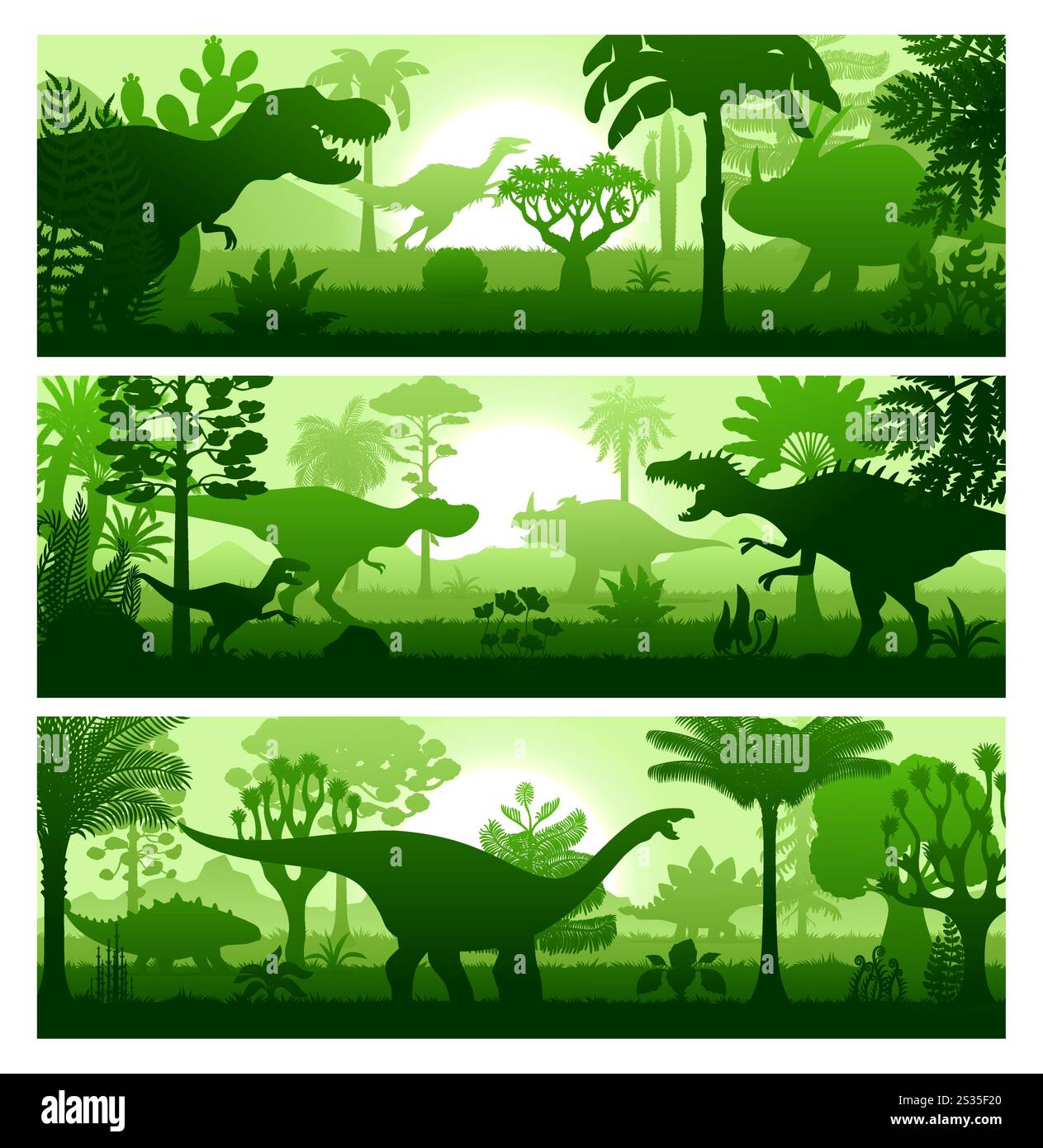 Prehistoric era dinosaurs at tropical forest landscape. Vector ...