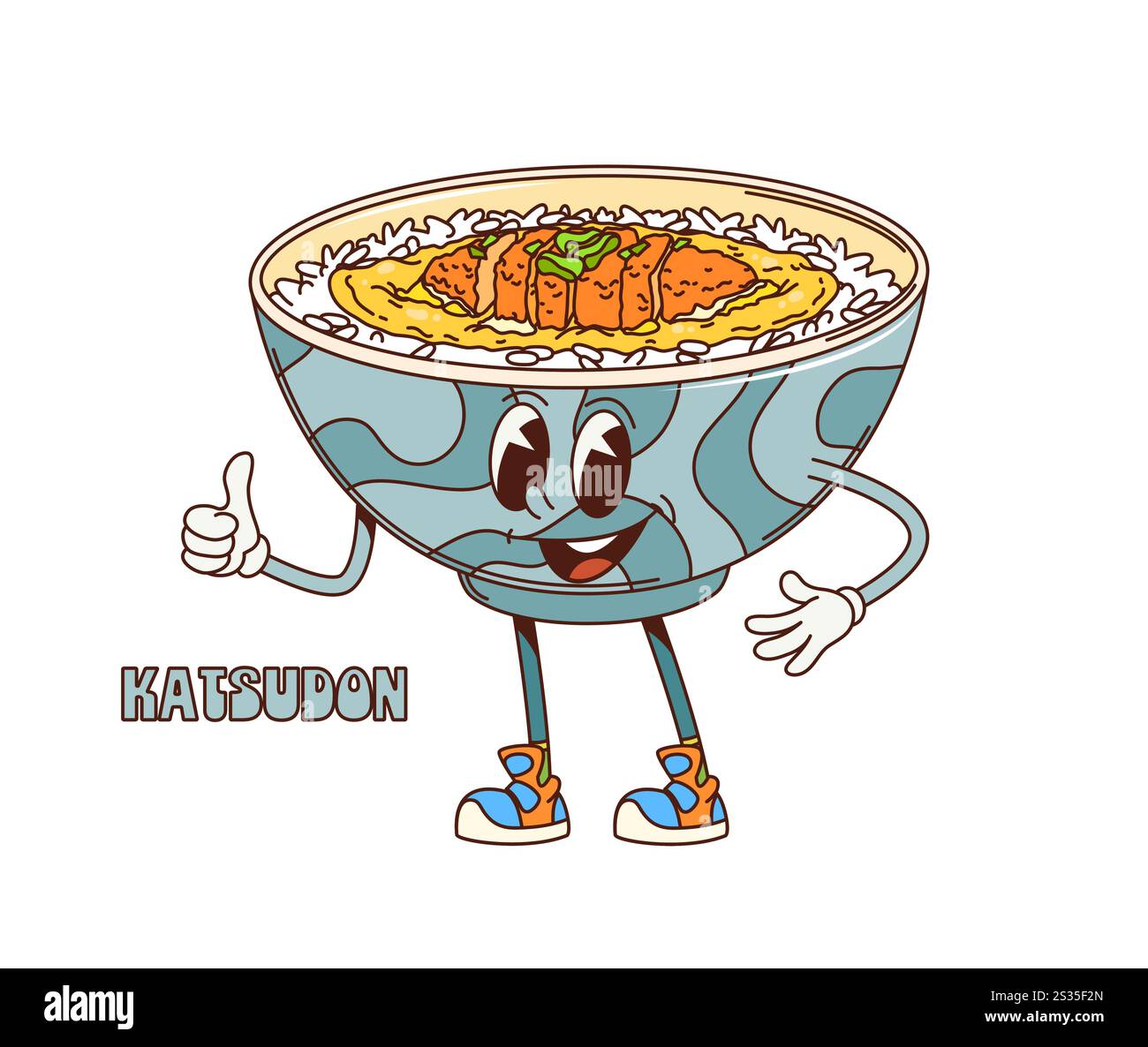 Cartoon retro groovy Katsudon donburi character. Isolated vector ...