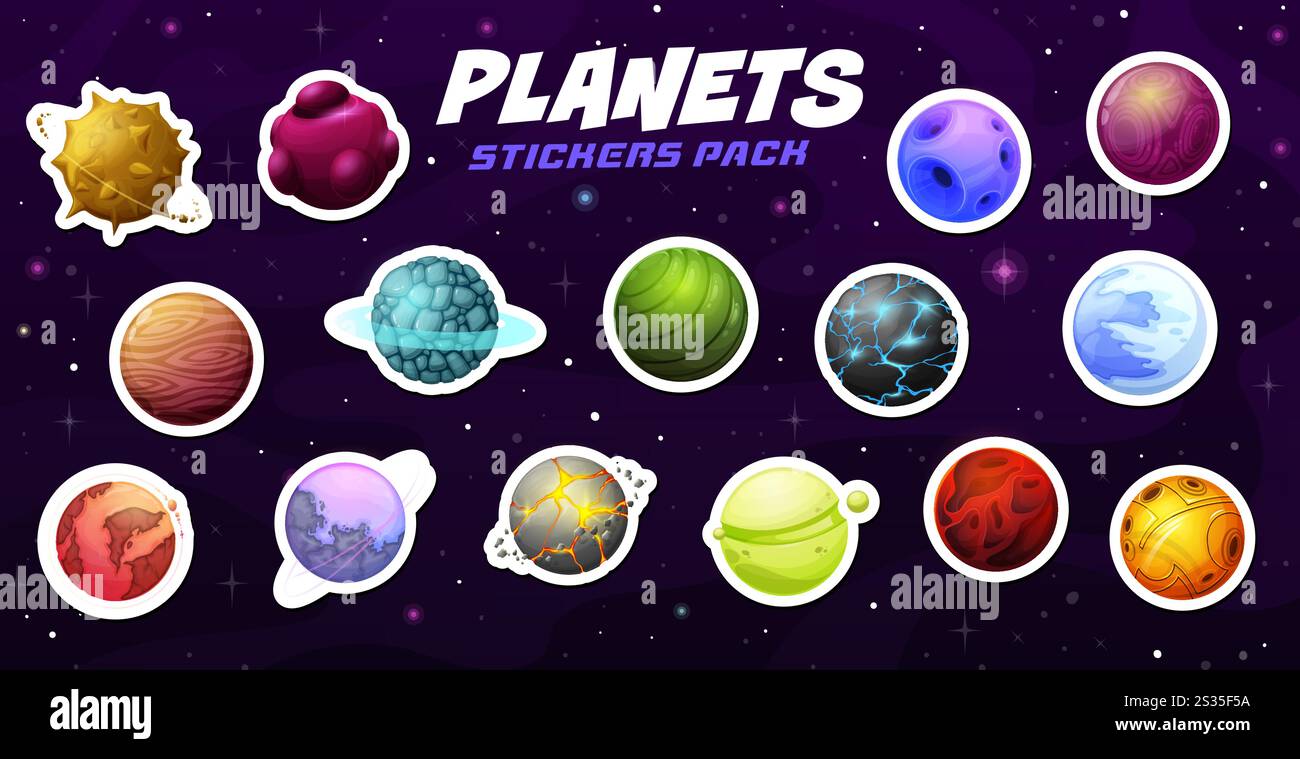 Cartoon alien space planets stickers pack, vector kids astronomy ...