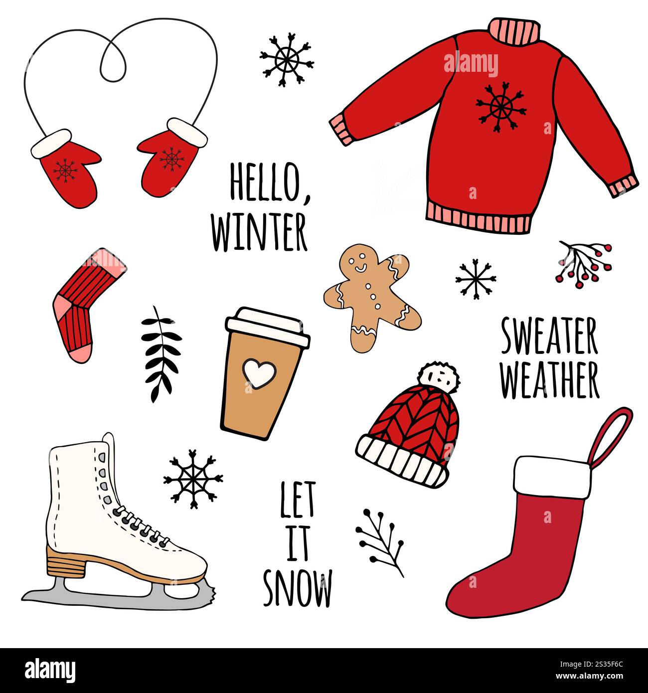 Vector set bundle of colored hand drawn doodle sketch winter elements ...