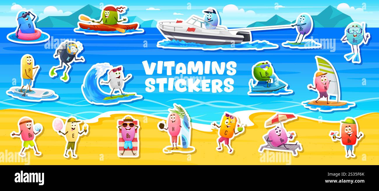 Stickers pack of cartoon micronutrient and vitamin characters on summer ...