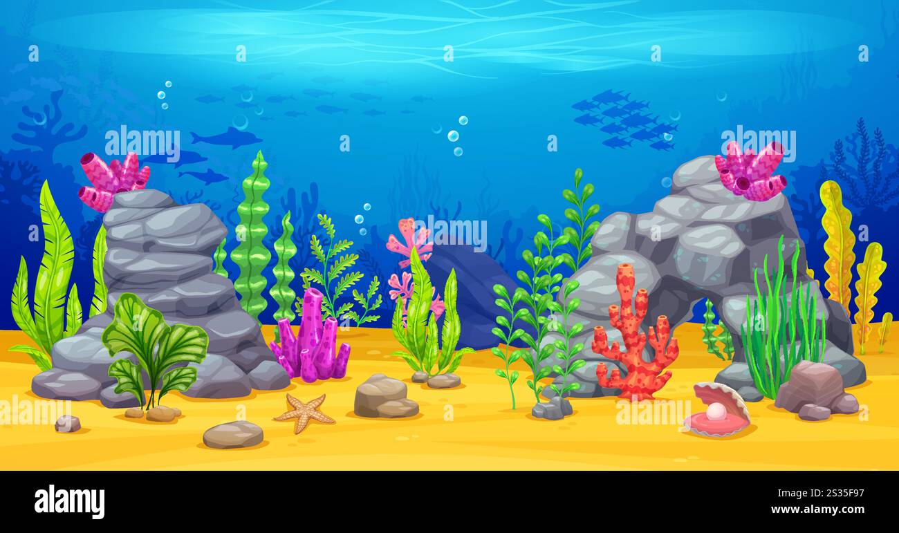 Cartoon sea underwater landscape game background. Vector arcade game ...